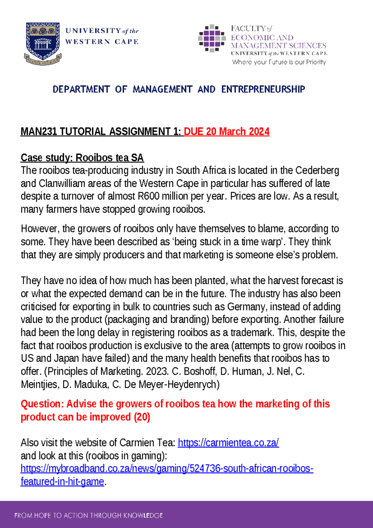 MAN231 Tutorial assignment 1 for 20 March 2024 - DEPARTMENT OF ...