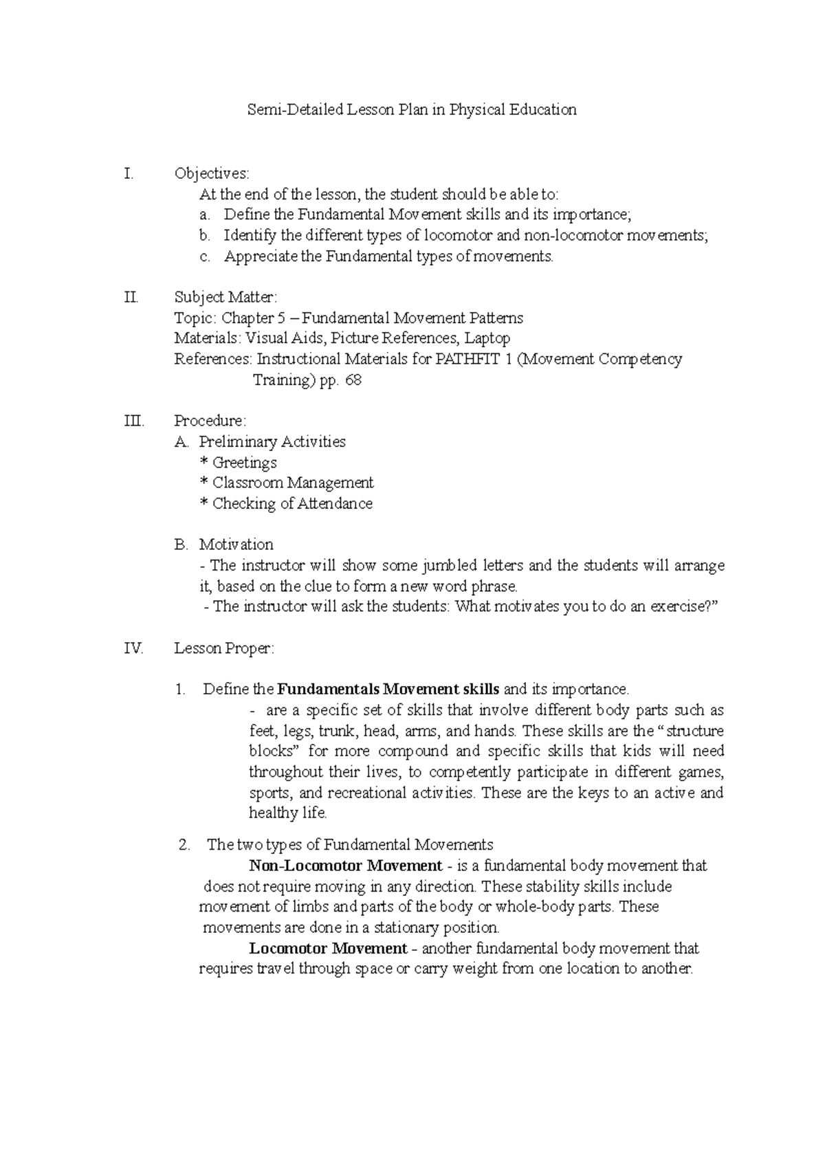PE LP 1 - About fundamental movement pattern - Semi-Detailed Lesson ...