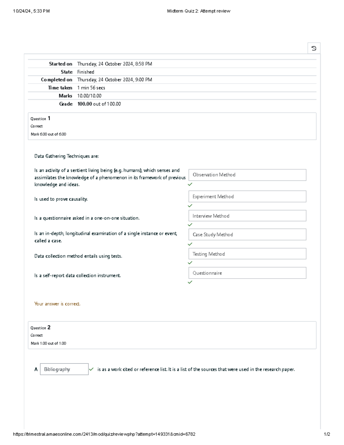 Midterm Quiz 2 Attempt review - Started on Thursday, 24 October 2024, 8:58 PM State Finished ...