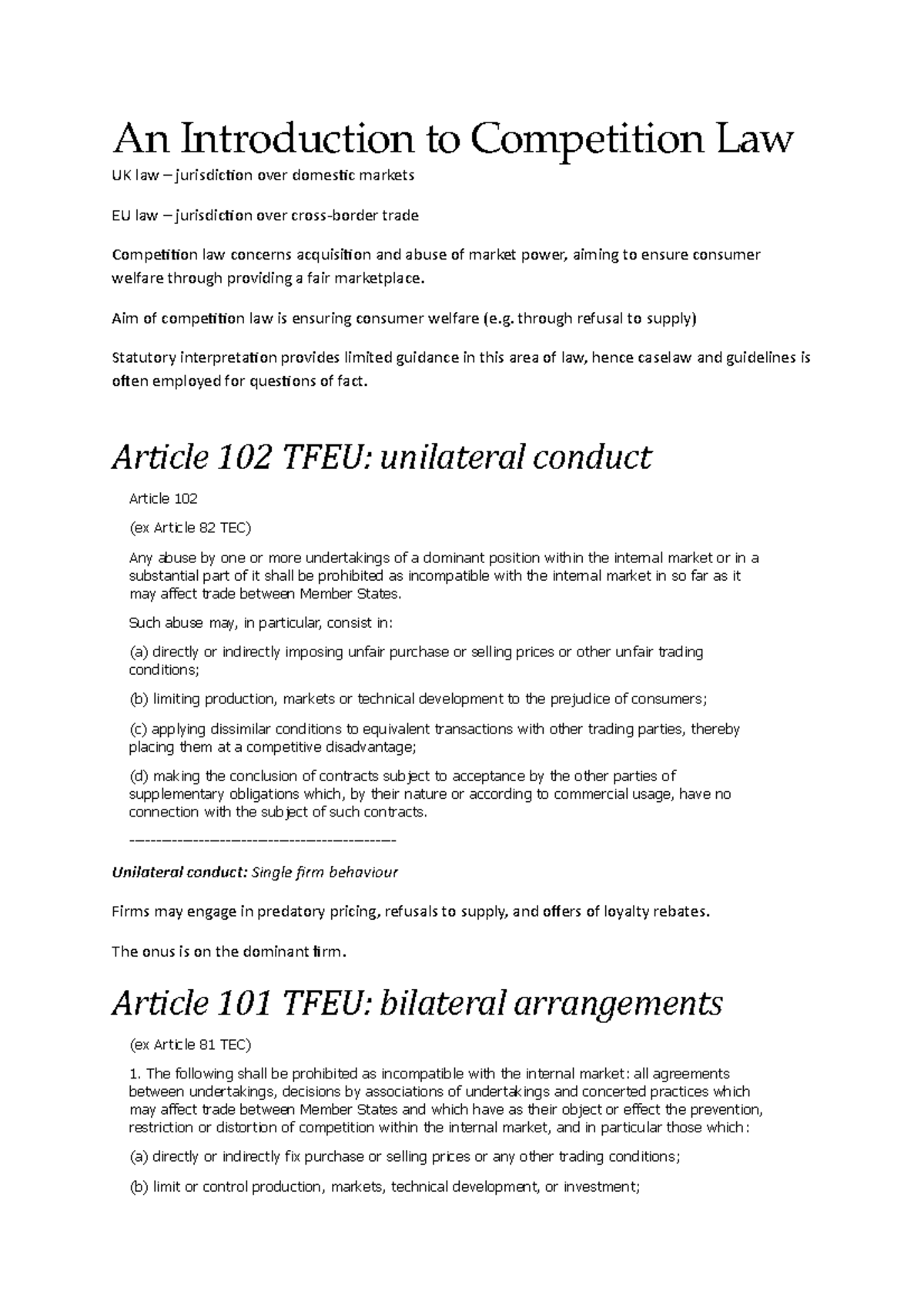 Intro Notes - An Introduction to Competition Law UK law – jurisdicion ...