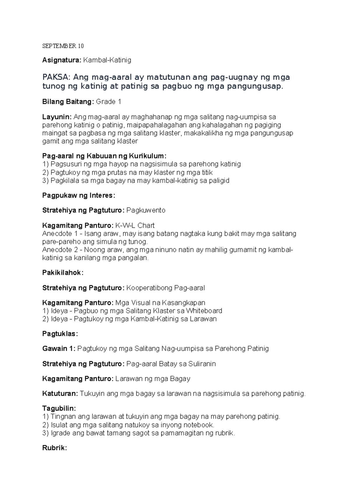 Lesson plan (1).docx September 10 - SEPTEMBER 10 Asignatura: Kambal ...