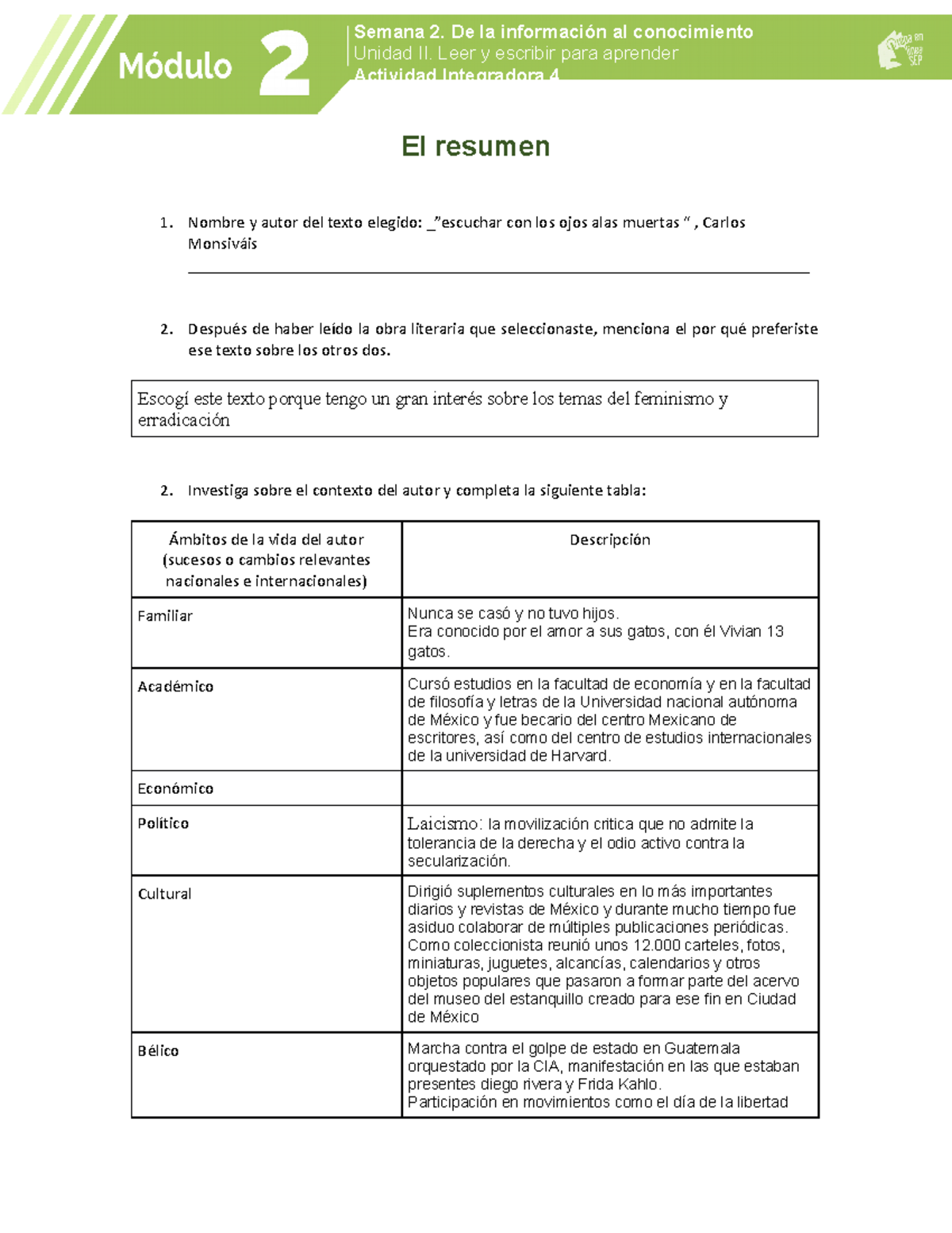 actividad integradora 4 modulo 2 g54 - El resumen 1. Nombre y autor del texto elegido ...