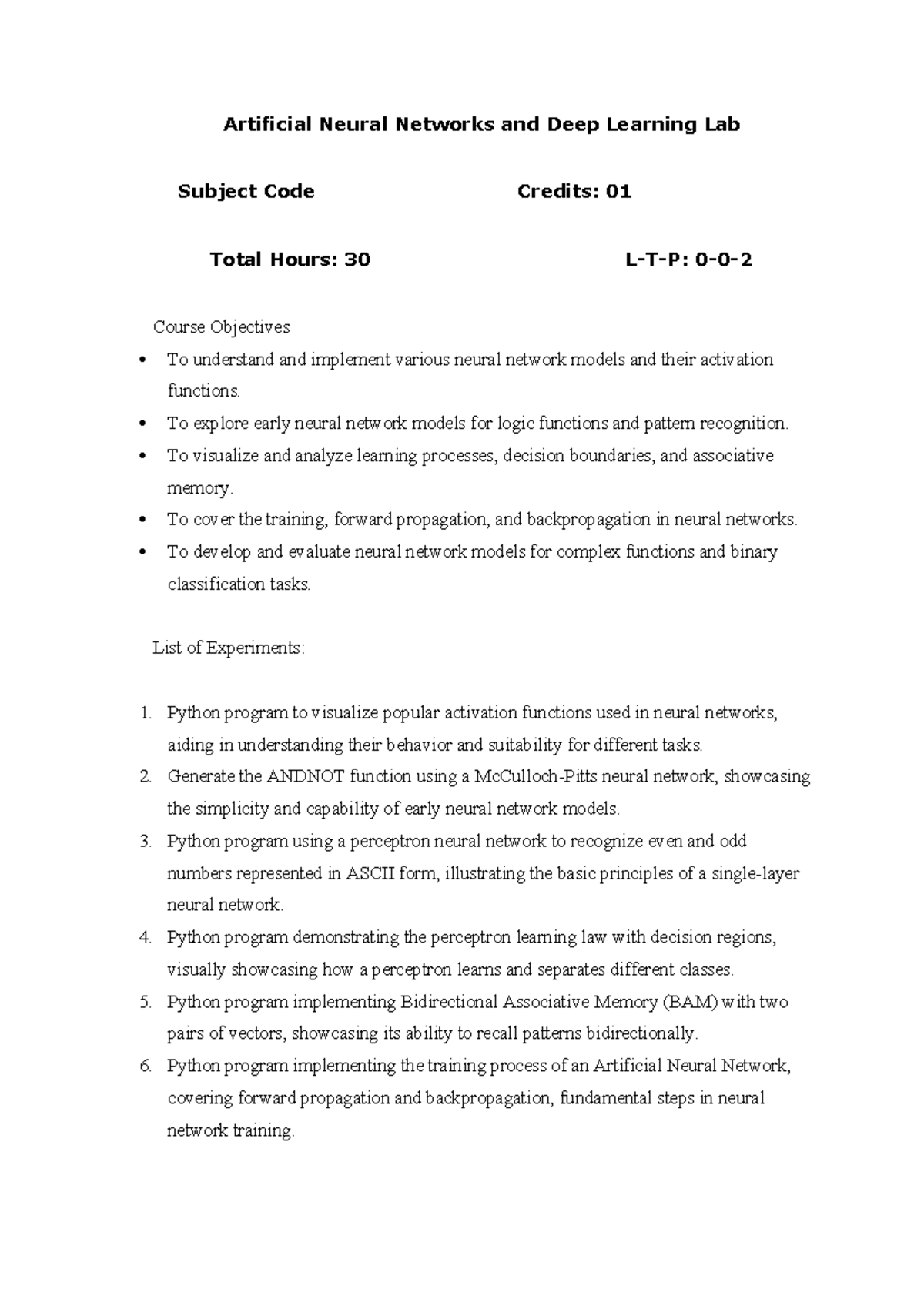 Artificial Neural Networks And Deep Learning Lab Syllabus Artificial