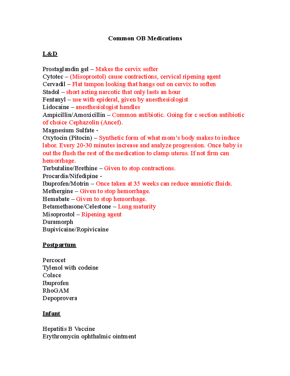Common OB Medications - Notes - Common OB Medications L&D Prostaglandin ...