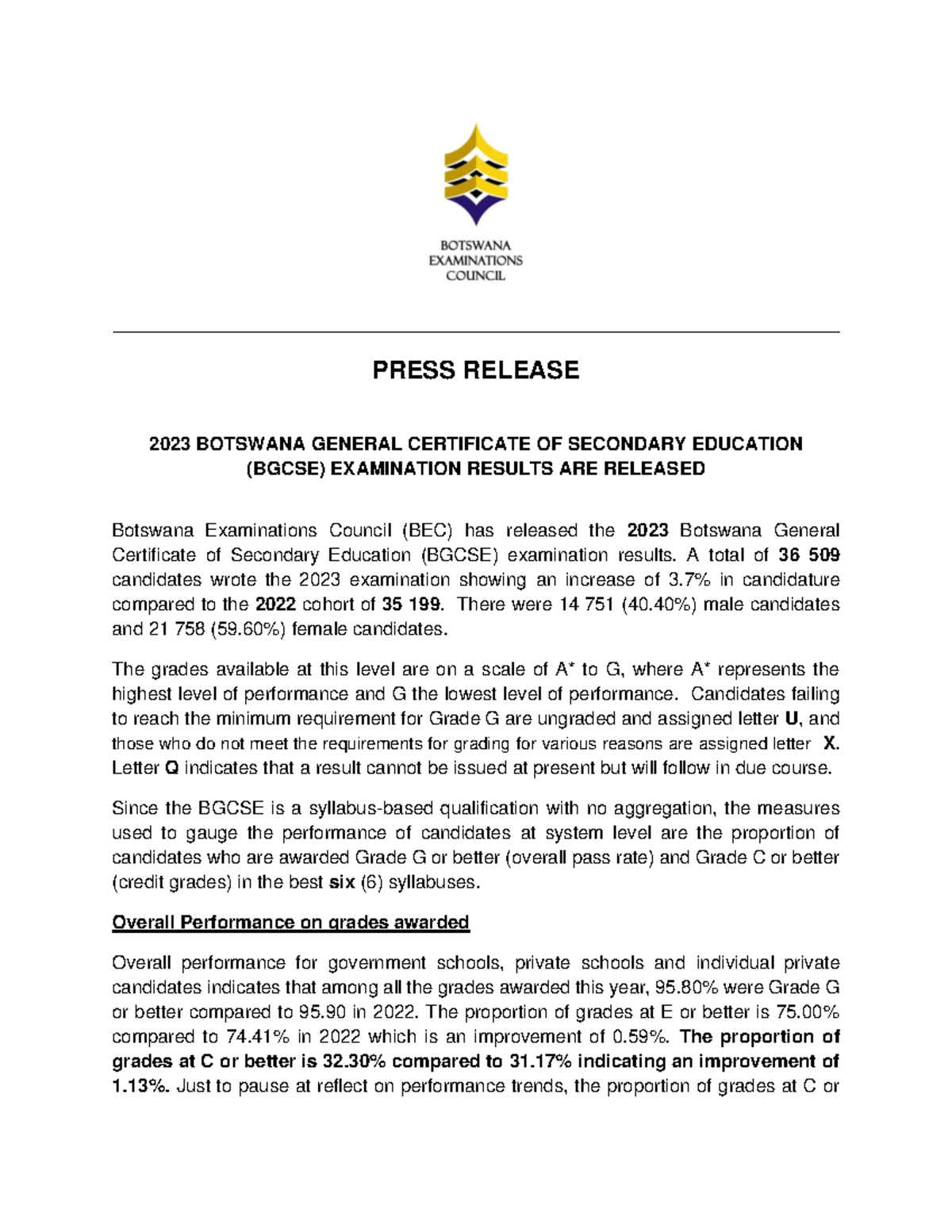 Press release 2023 bgcse results fm 07 - - Studocu
