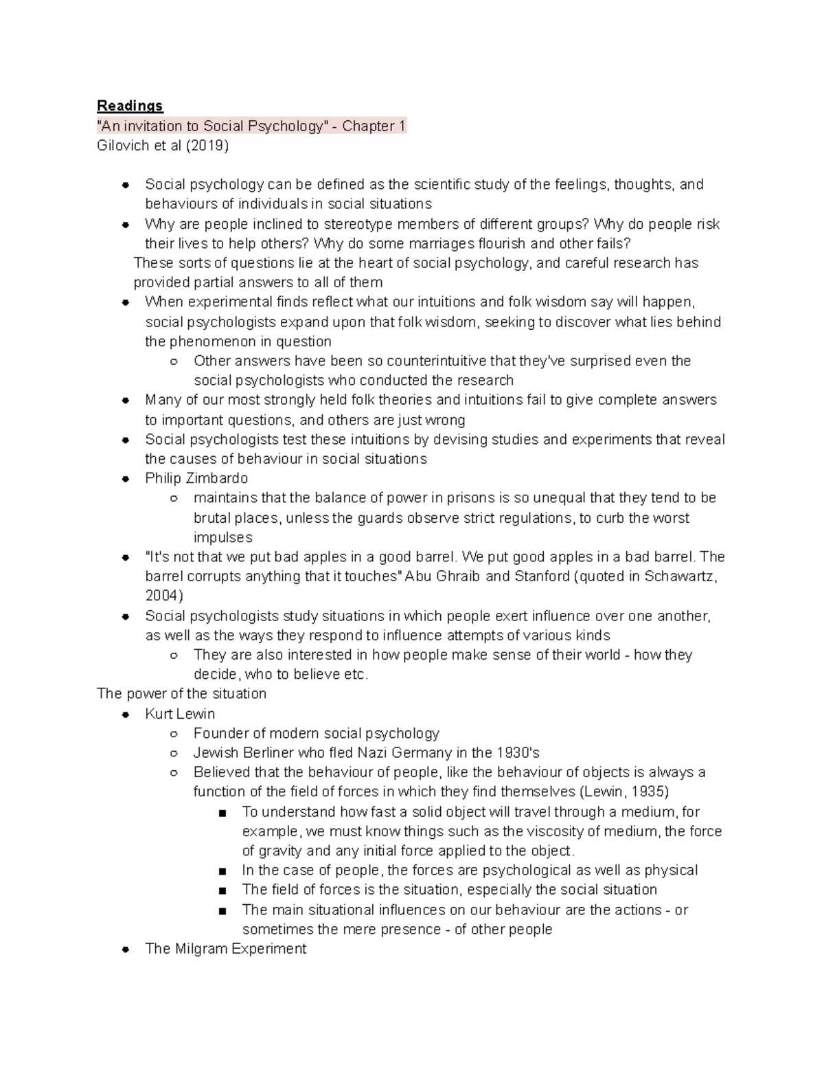 PSYU2234 - Week 1 2 - Readings "An invitation to Social Psychology ...