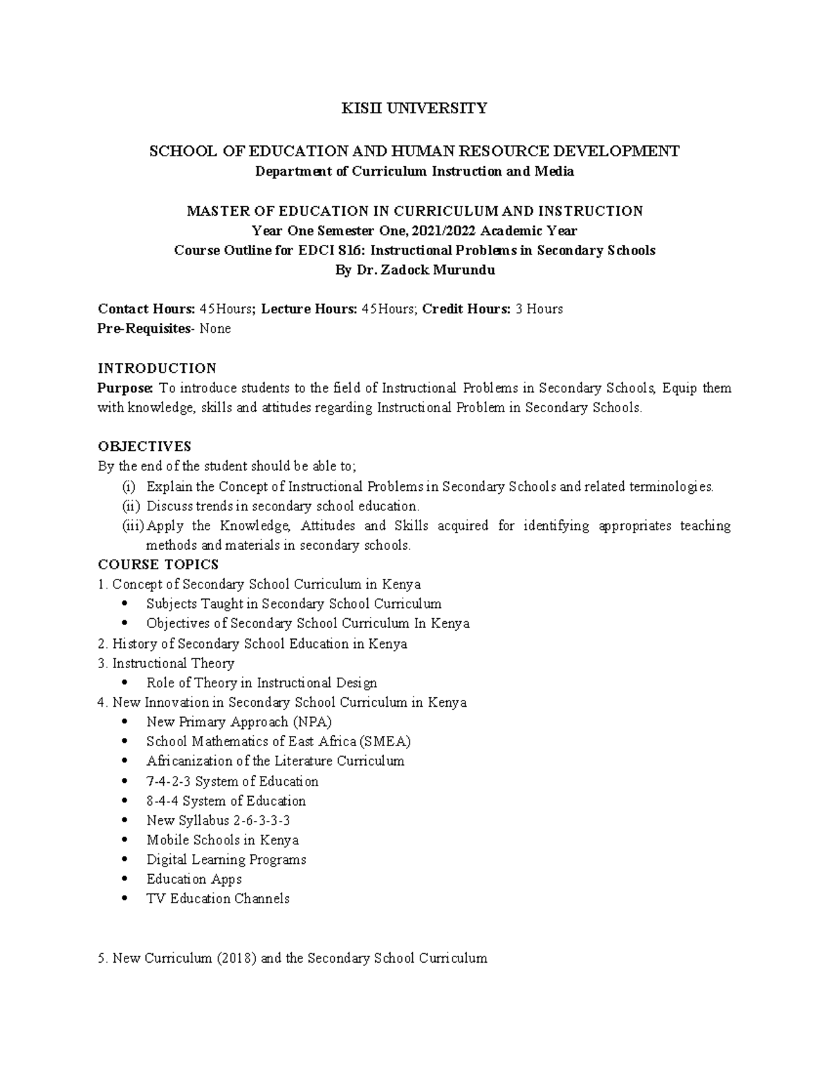 Course Outline - nice article - KISII UNIVERSITY SCHOOL OF EDUCATION ...