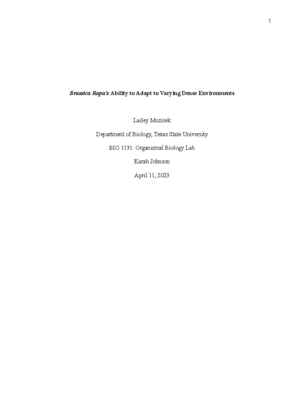 Final Draft B. rapa - Brassica Rapa’s Ability to Adapt to Varying Dense ...