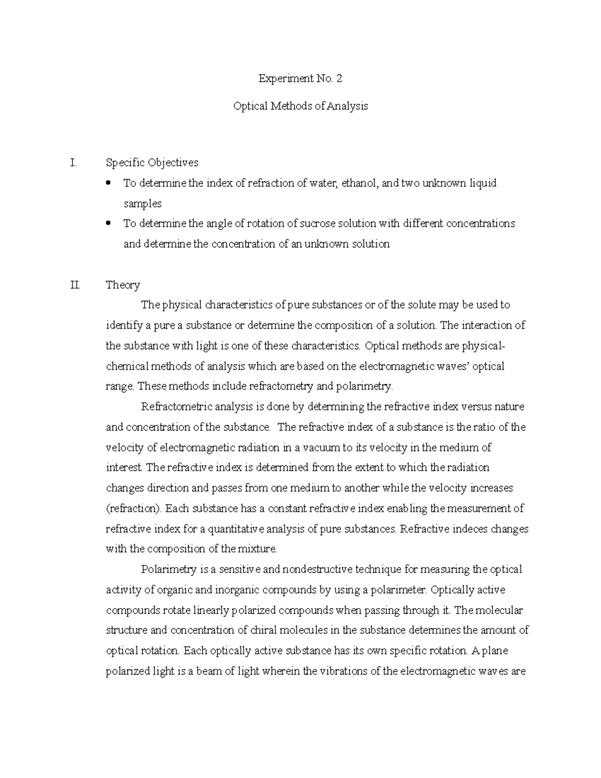 Phy Chem Lab 2 - Lab 2 - Experiment No. 2 Optical Methods of Analysis I ...