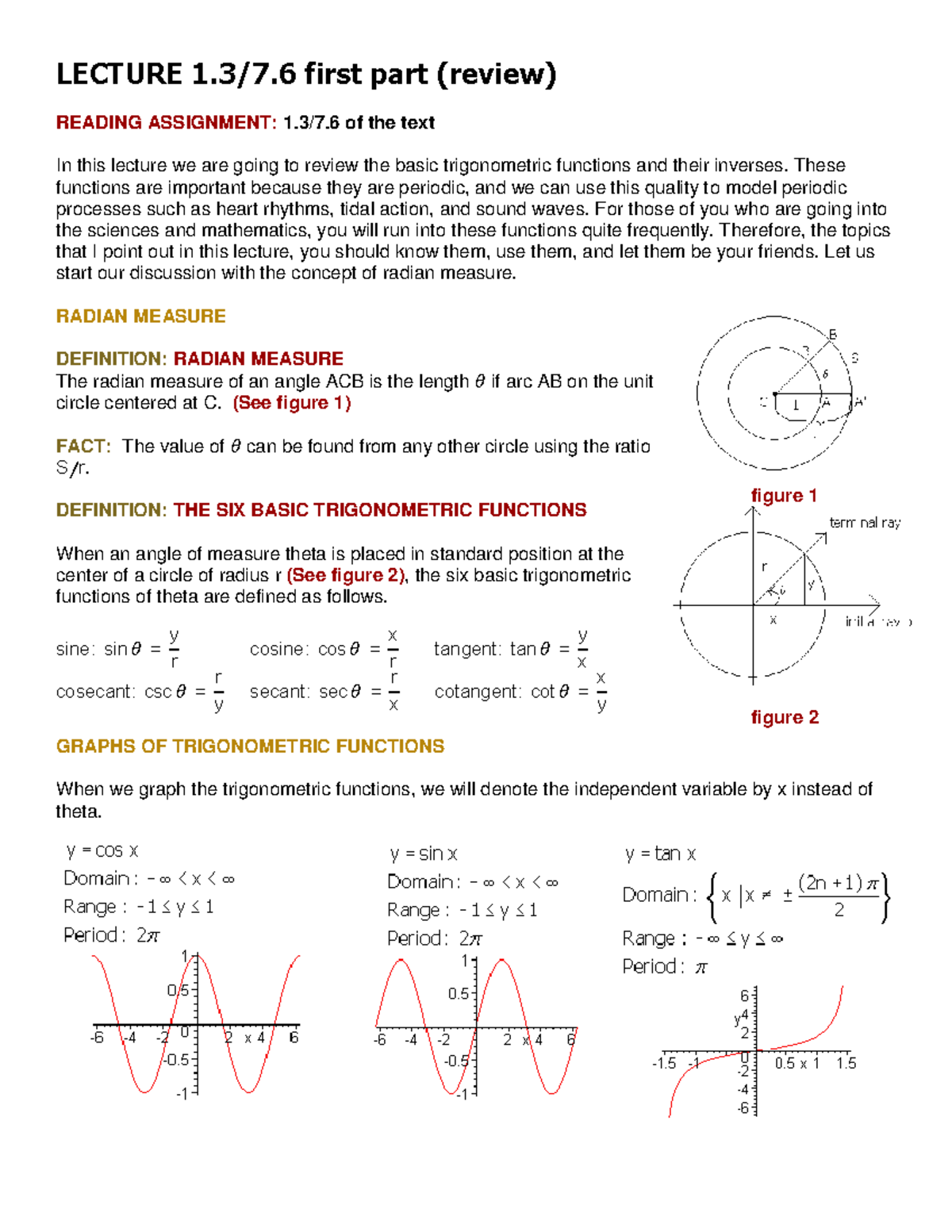 Lecture 13 76 part 1 - nmn - LECTURE 1.3/7 first part (review) READING ASSIGNMENT: 1.3/7 of the ...