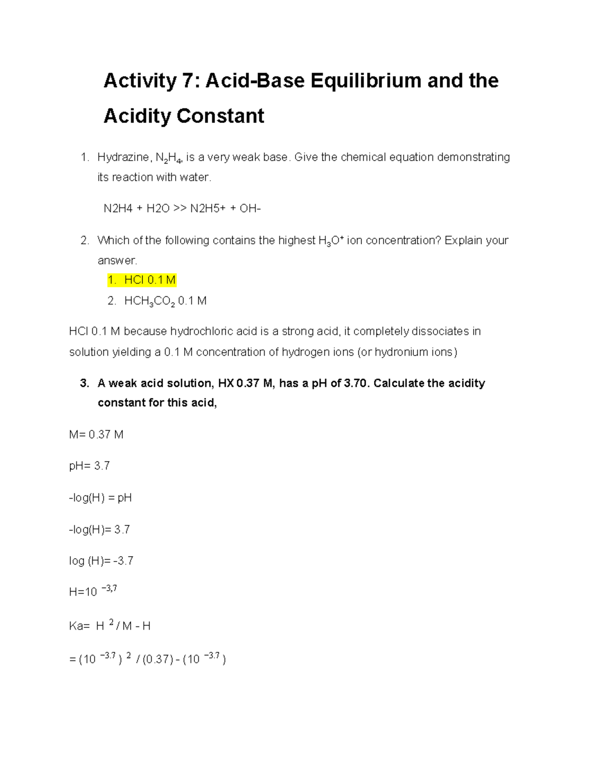 Activity 7 Acid-Base Equilibrium and the Acidity Constant - Activity 7 ...