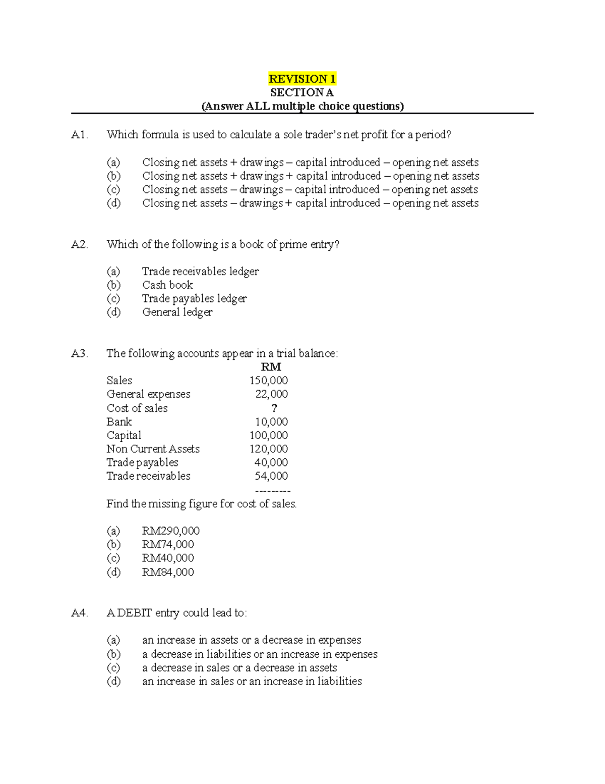 Revision 1- Questions Accounting Paper - REVISION 1 SECTION A (Answer ...