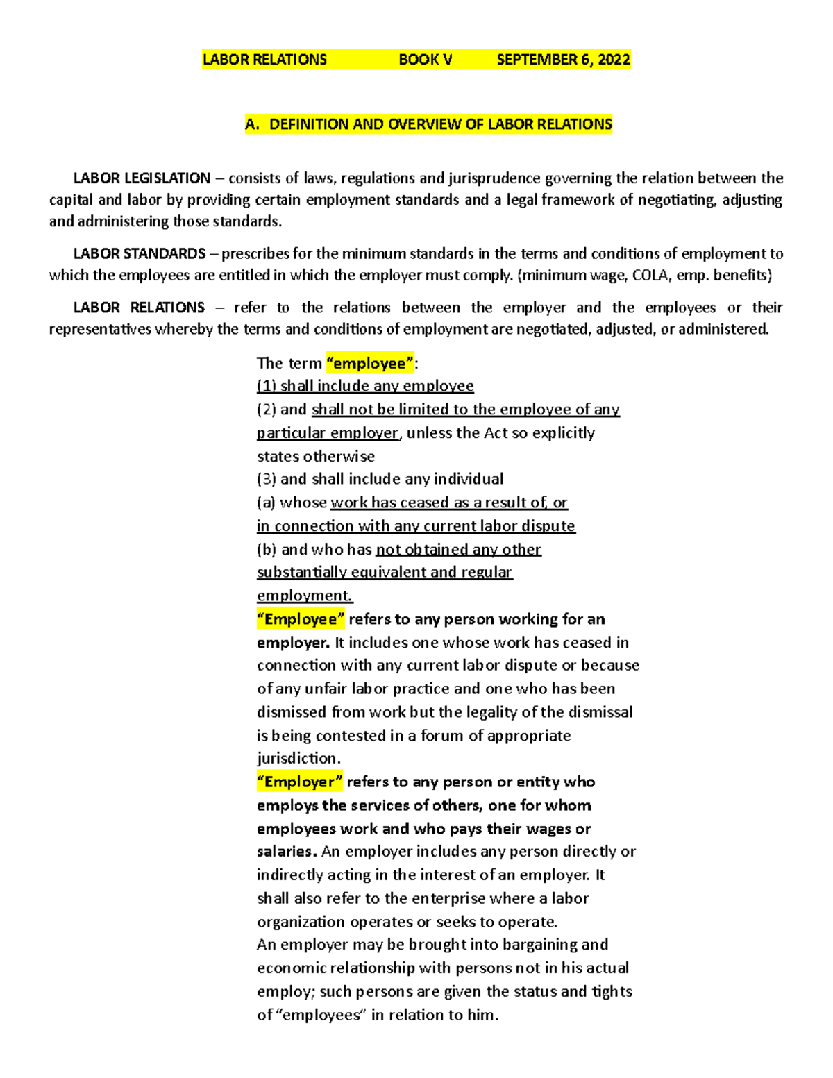 Labor September 6, 2022 - LABOR RELATIONS BOOK V SEPTEMBER 6, 2022 A ...