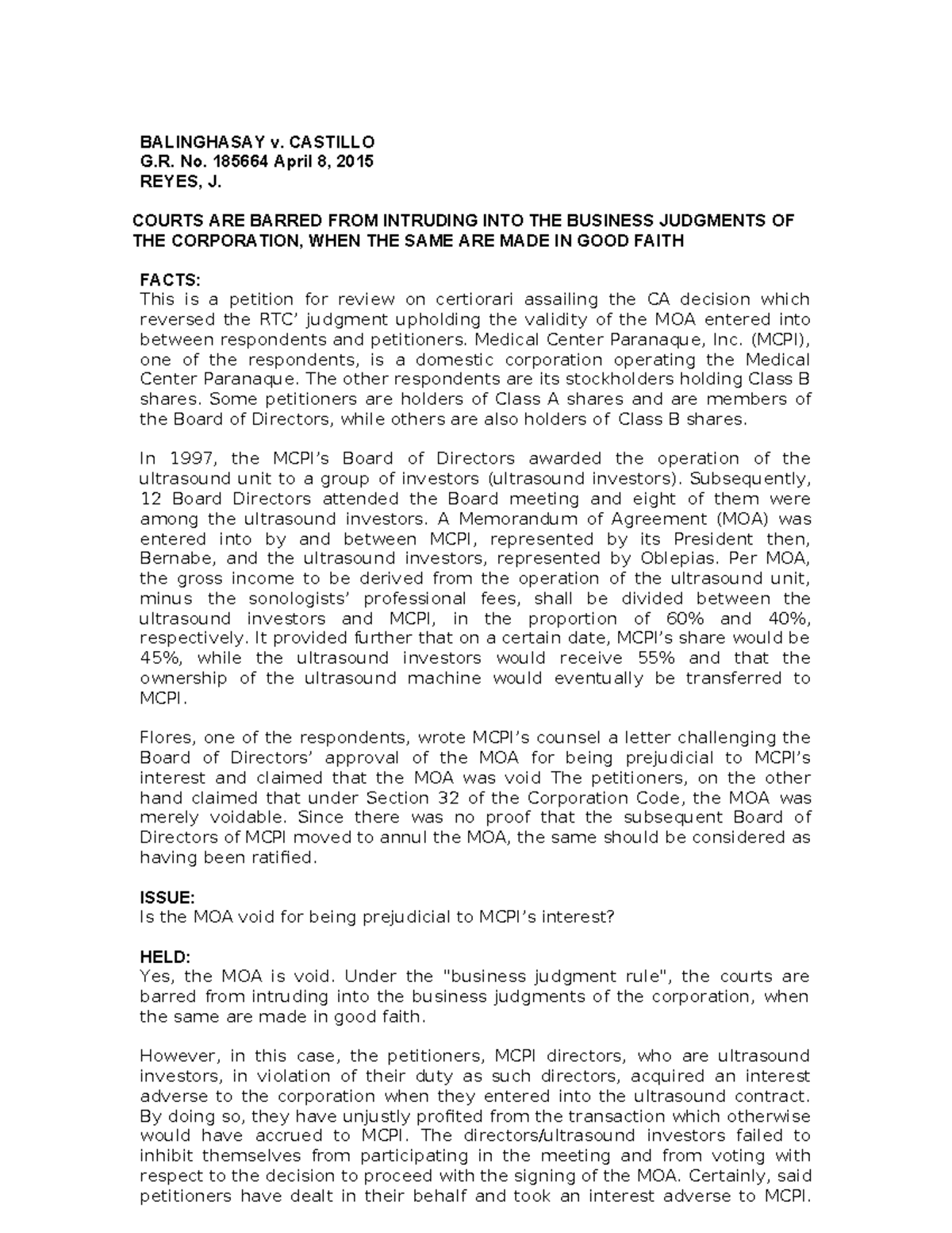 Balinghasay v. Castillo - BALINGHASAY v. CASTILLO G. No. 185664 April 8 ...