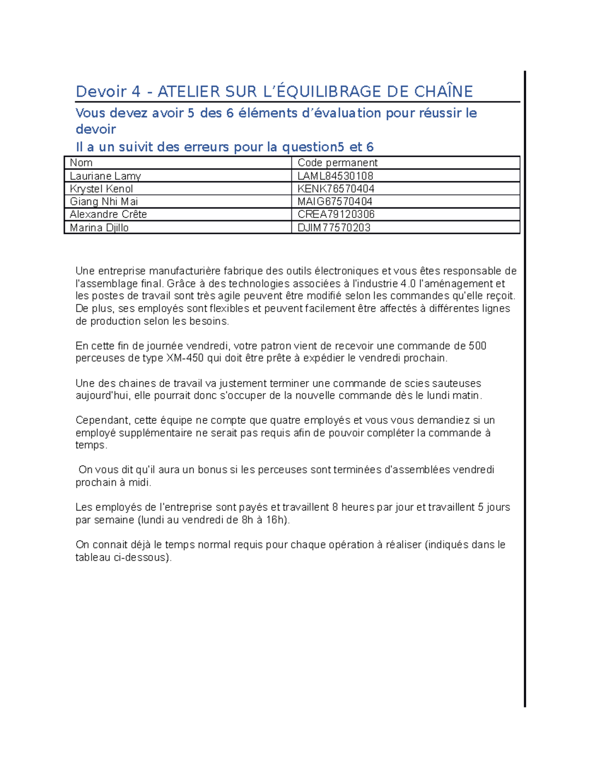 Devoir 4 - L’ Équilibrage DE Chaîne - Devoir 4 - ATELIER SUR L’ÉQUILIBRAGE DE CHAÎNE Vous devez ...