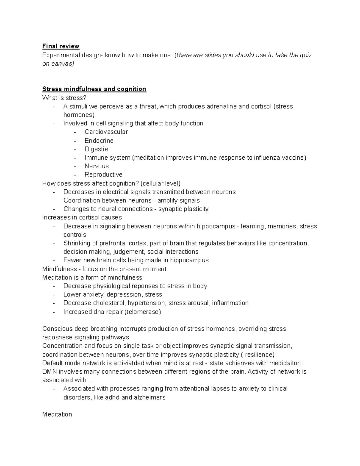 Weeek 15 bio - professor teresa bilinski - Final review Experimental ...