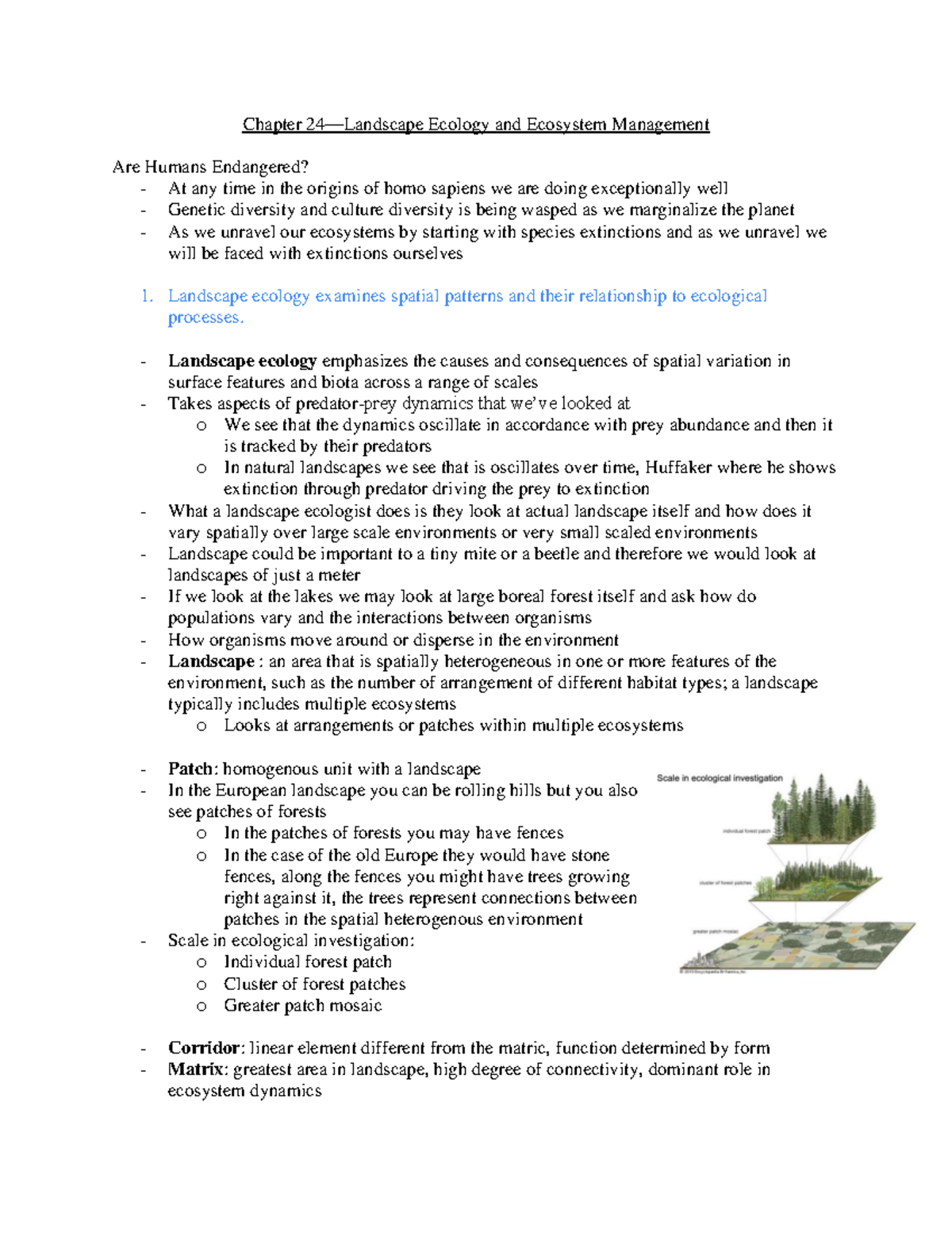 Chapter 24; Landscape Ecology - Landscape ecology emphasizes the causes ...