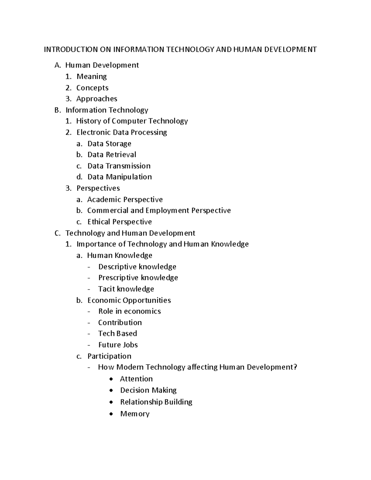 Introduction ON Information Technology AND Human Development - INTRODUCTION ON INFORMATION - Studocu