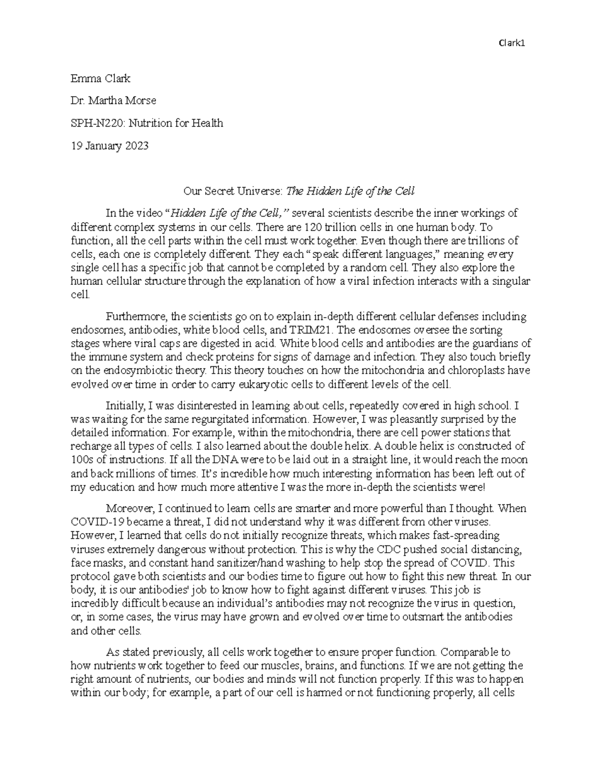 Reflection Paper: Nutrition for Health - Clark Emma Clark Dr. Martha ...