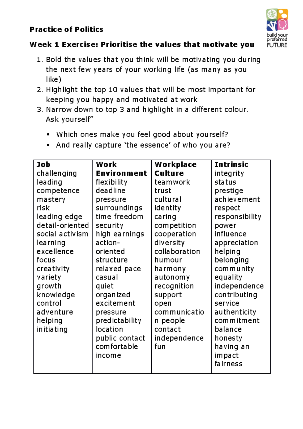 Po P Wk1 Handout Prioritising values exercise - Practice of Politics ...