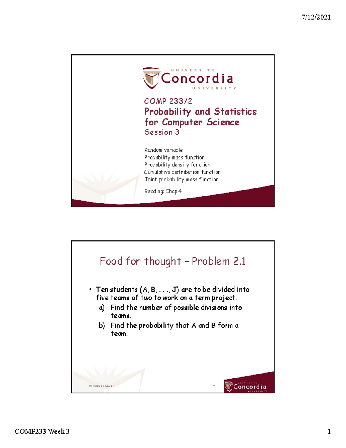 Session 03 - Lecture notes 3 - COMP 233/ Probability and Statistics for ...