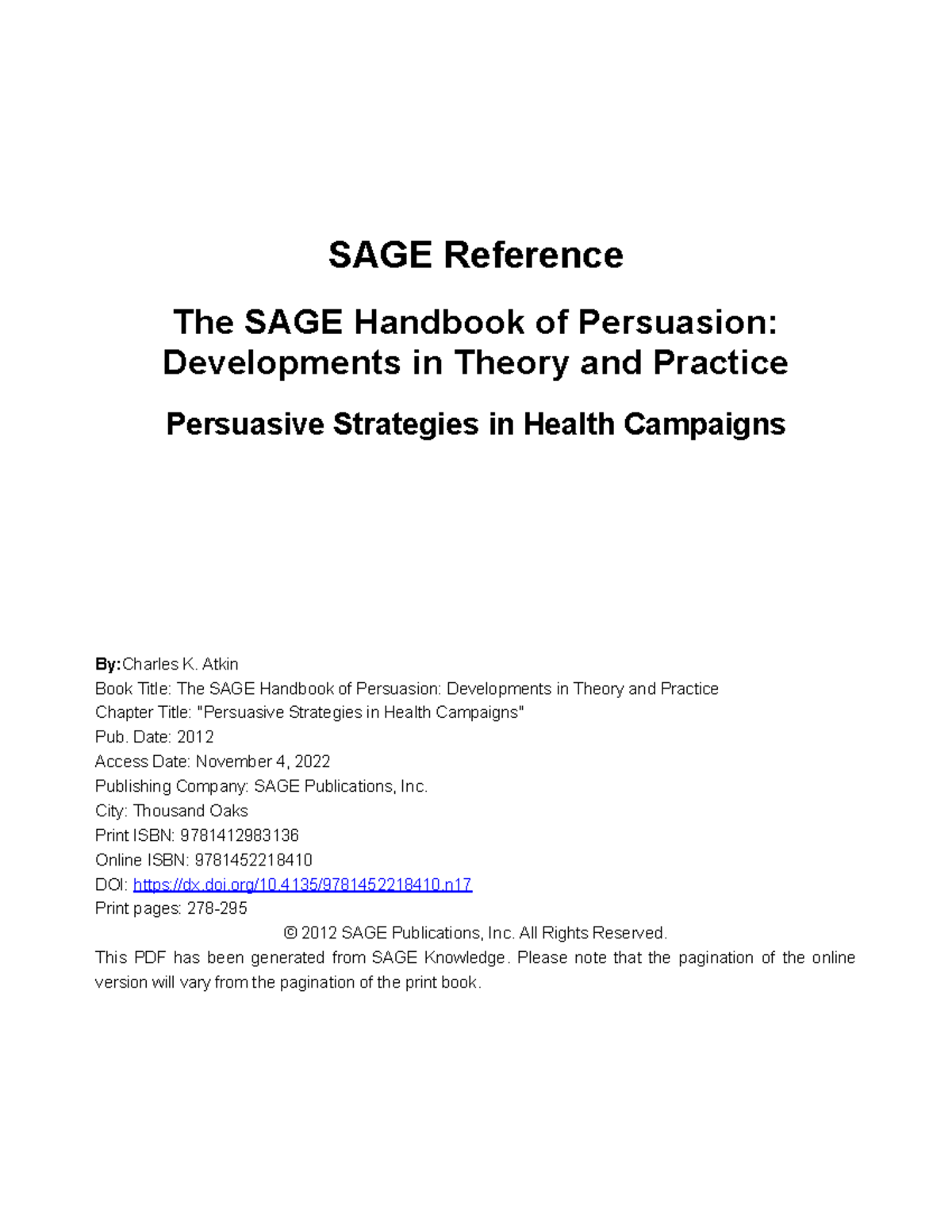 Notes 2 - SAGE Reference The SAGE Handbook of Persuasion: Developments ...