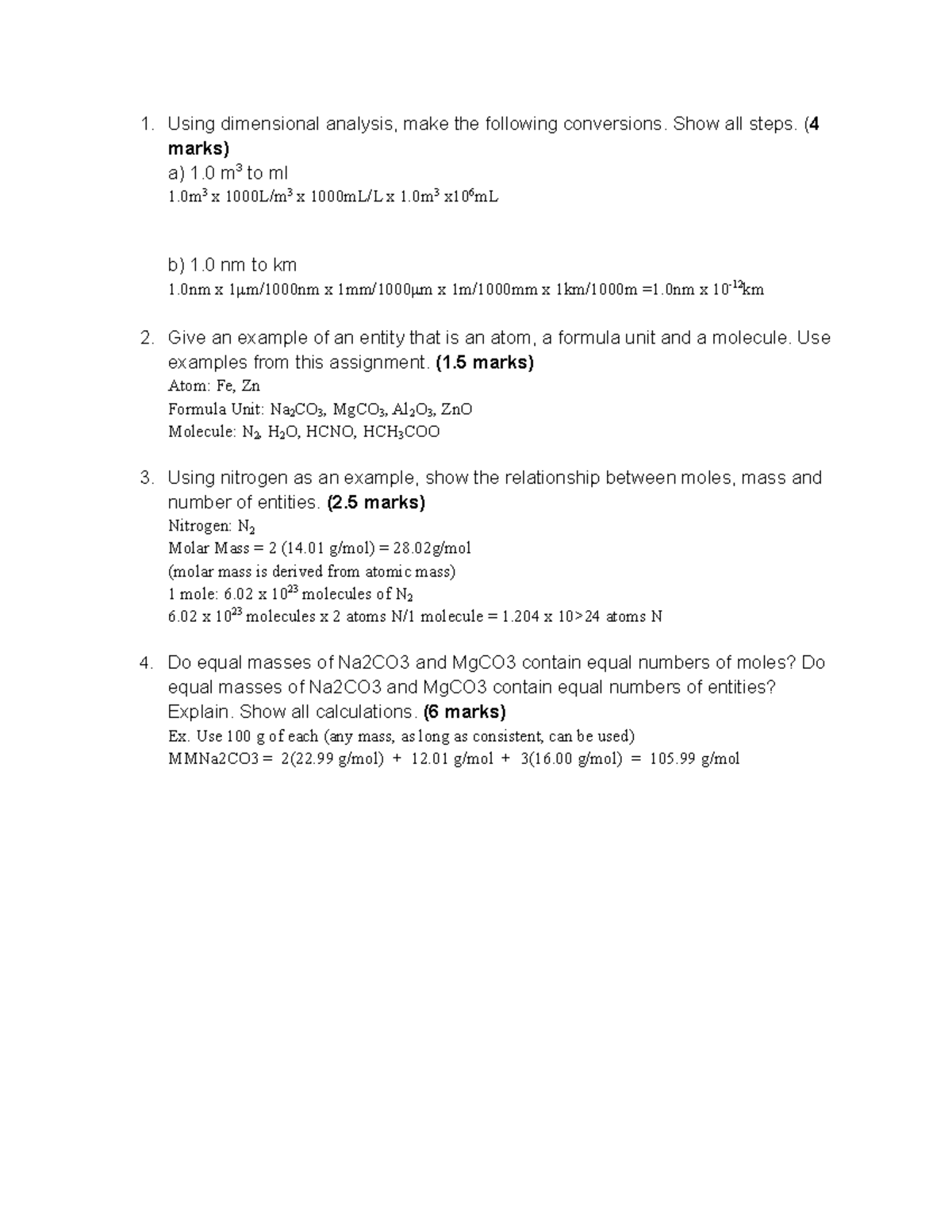 Unit 5 Notebook work SCH3U1 - 1. Using dimensional analysis, make the ...
