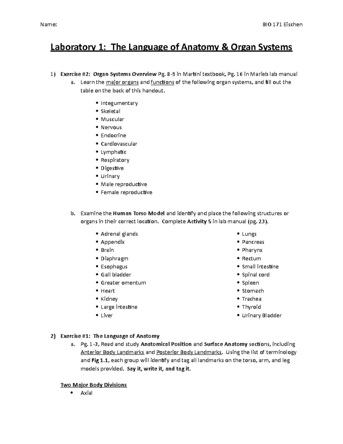 Exercise 1 And 2 Practice Lab Laboratory 1 The Language Of Anatomy