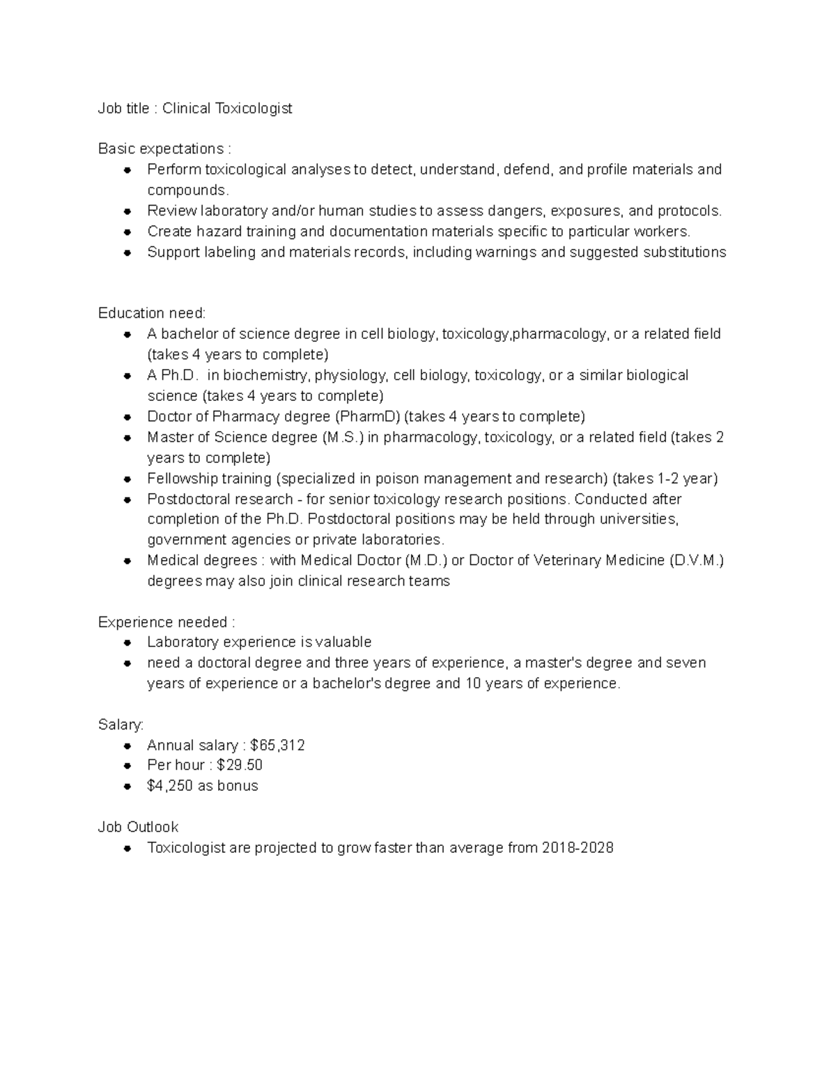 Chemistry Career assignment - Job title : Clinical Toxicologist Basic expectations : Perform ...