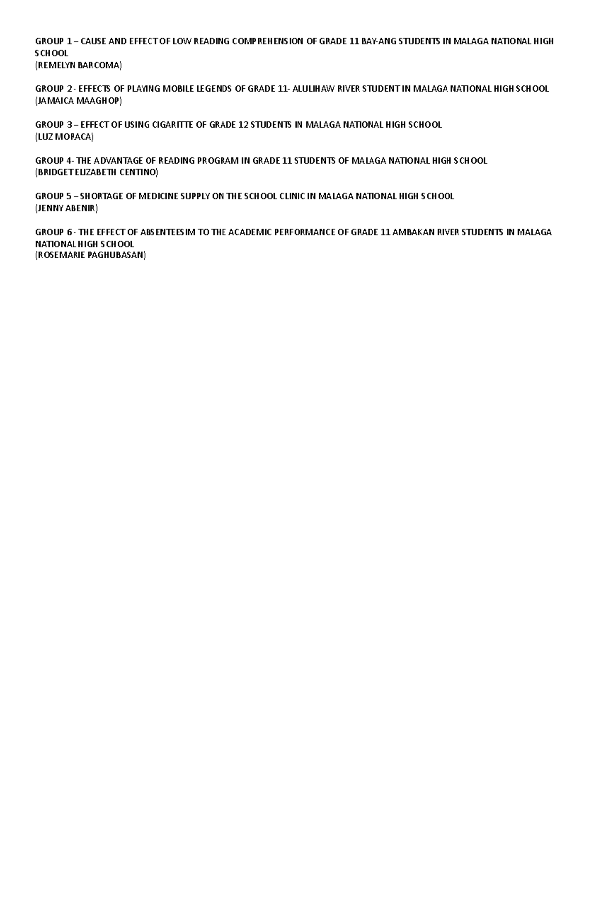 Research Titles - for title proposals - GROUP 1 – CAUSE AND EFFECT OF ...