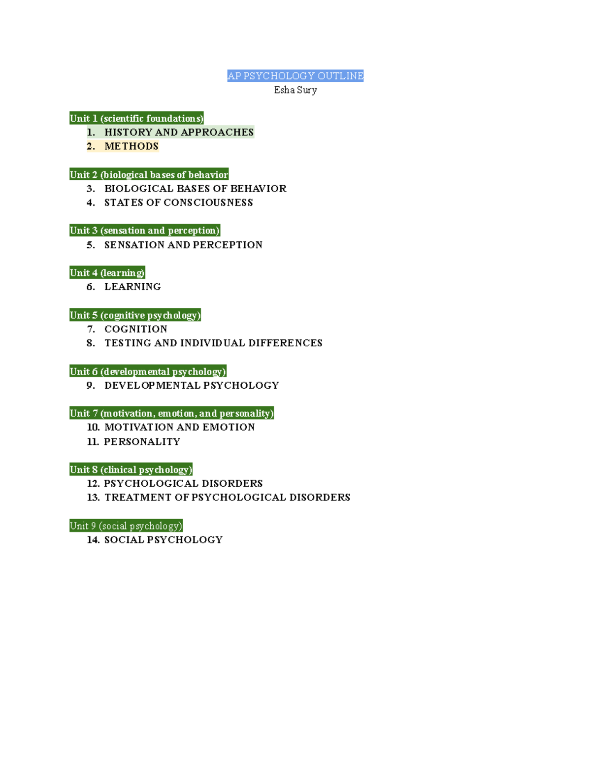 PSYCH 101 exam 1 study guide - AP PSYCHOLOGY OUTLINE Esha Sury Unit 1 ...