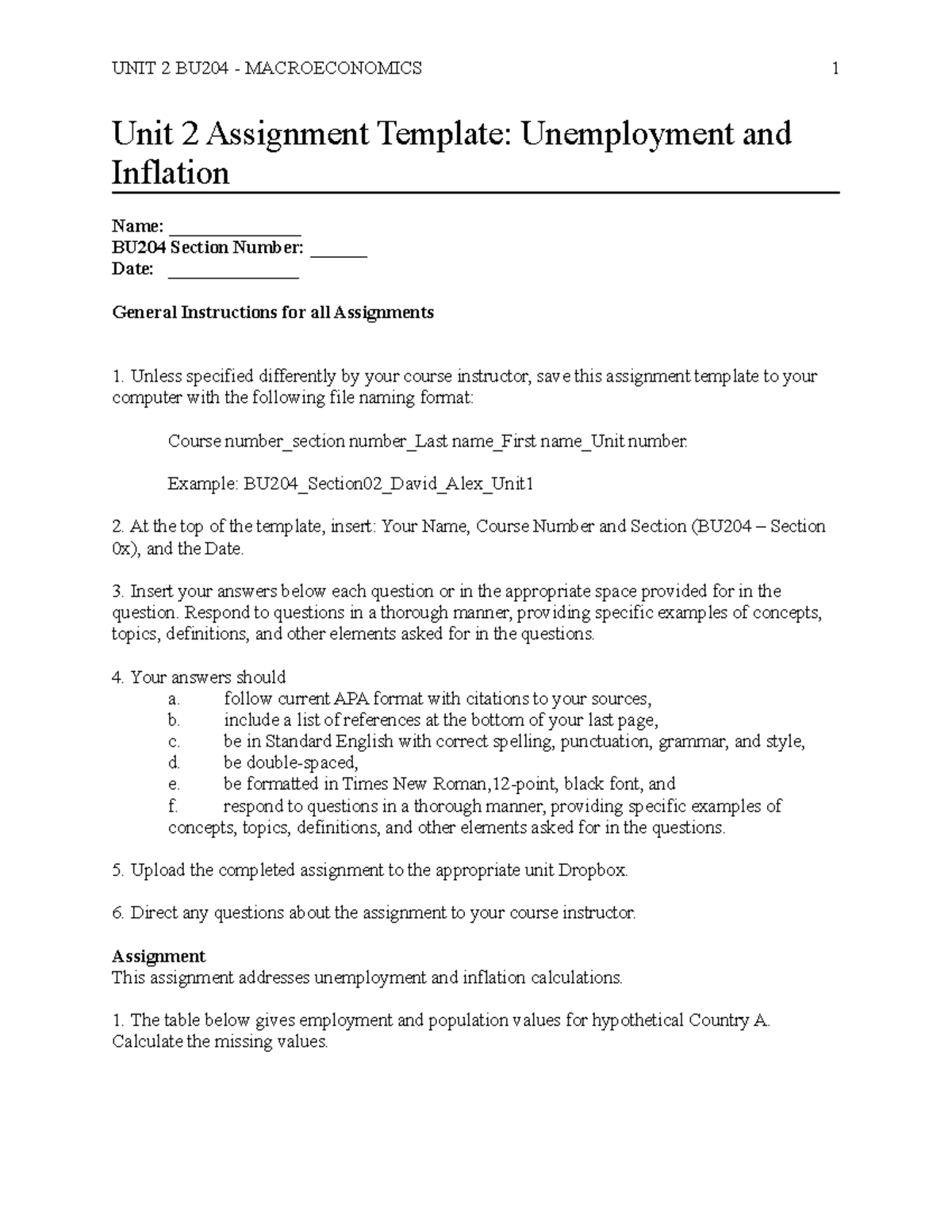 BU204 Unit2 Assignment Template - Unit 2 Assignment Template: Unemployment and Inflation Name ...