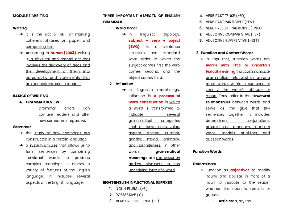ENG 2 Writing Reviewer - ... - MODULE 3: WRITING Writing It is the act ...