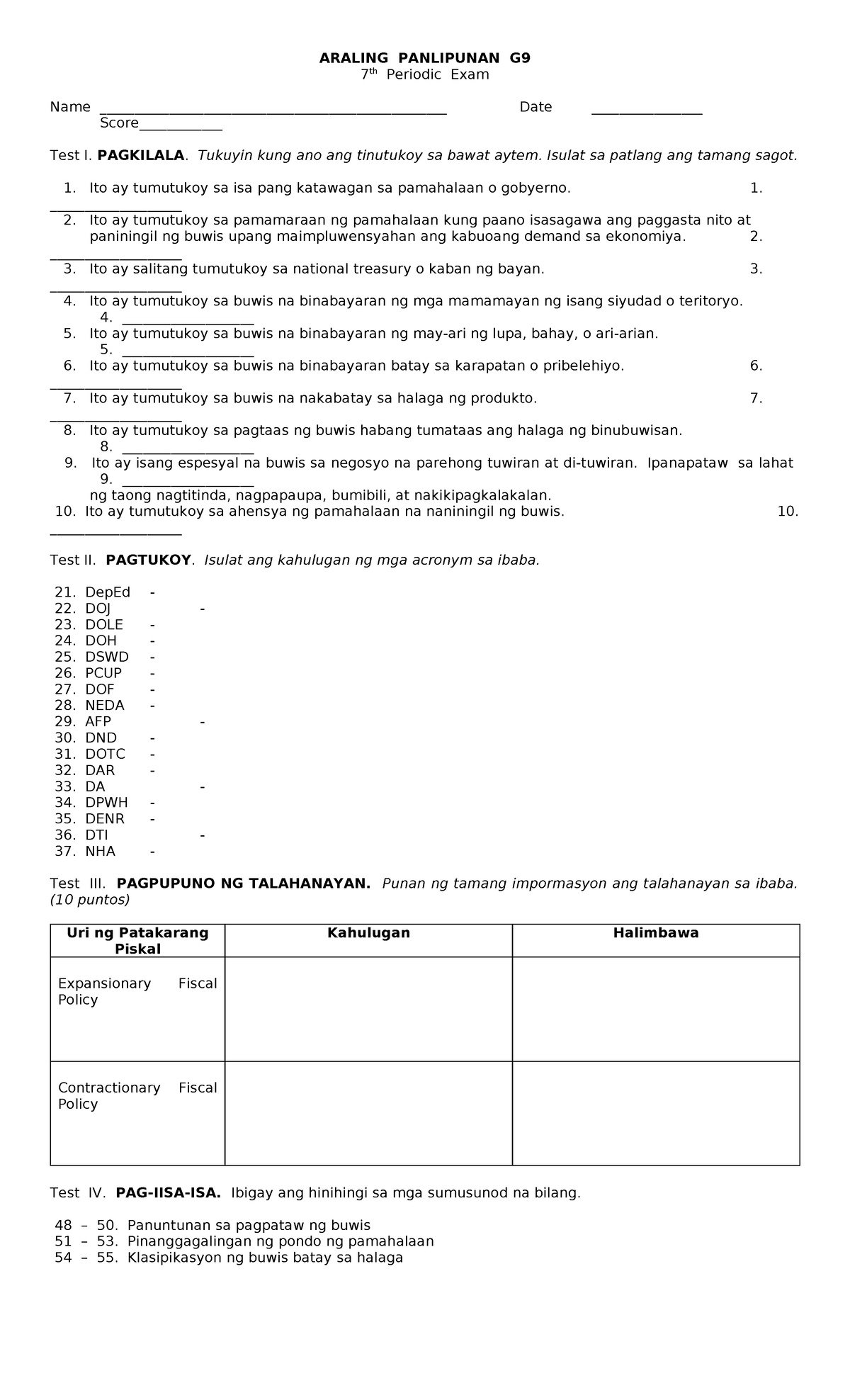 AP G9 7th - ccccc - ARALING PANLIPUNAN G 7 th Periodic Exam Name - Studocu