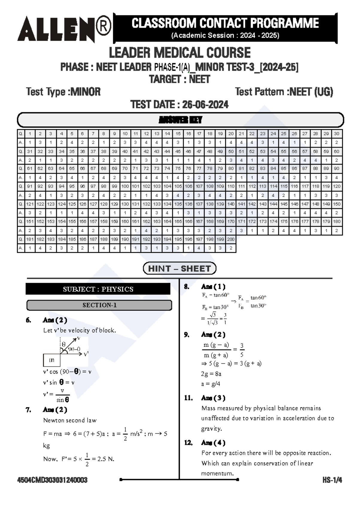 NEET-Leader Phase 1(A) Minor Test - 3 26.06.2024 Key & Solutions (F ...