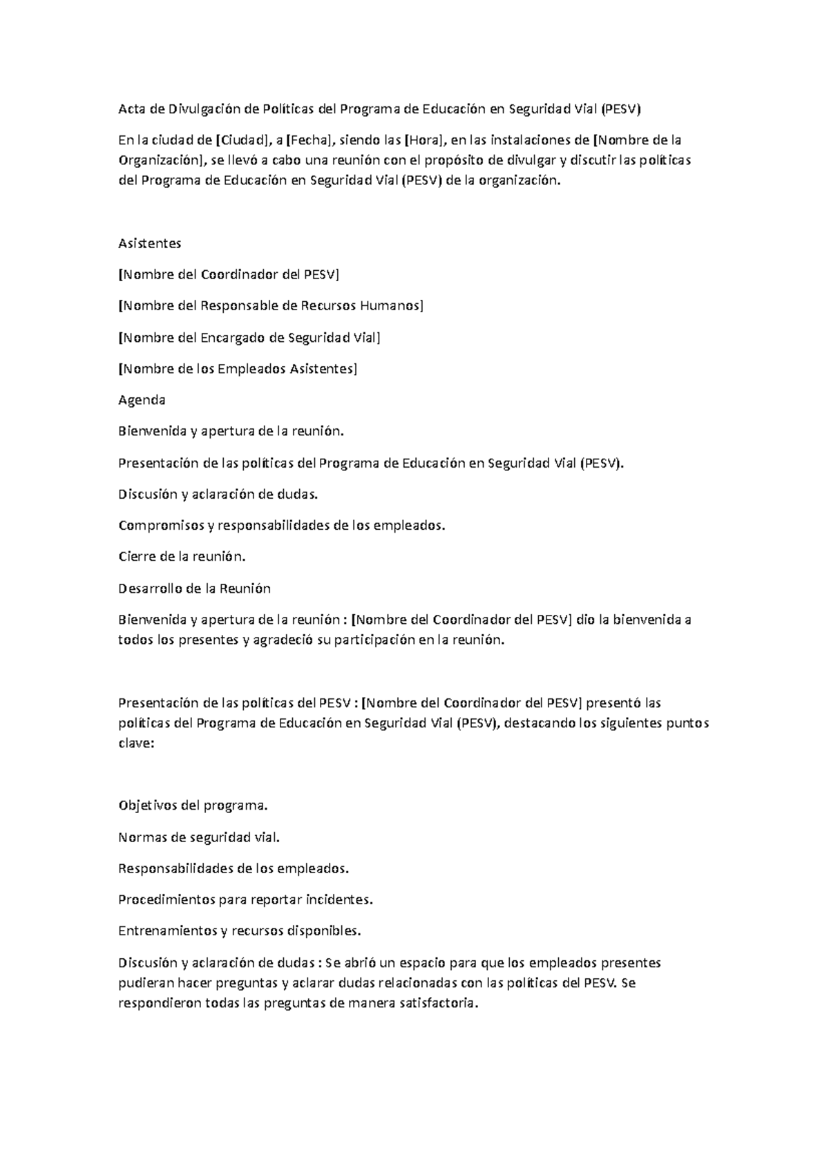 Acta de Divulgación de Políticas del Programa de Educación en Seguridad ...