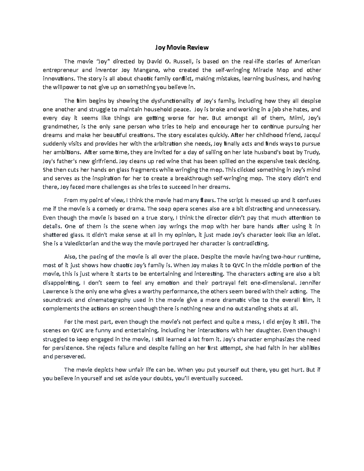 Joy Movie Review - Joy Movie Review The movie “Joy” directed by David O ...