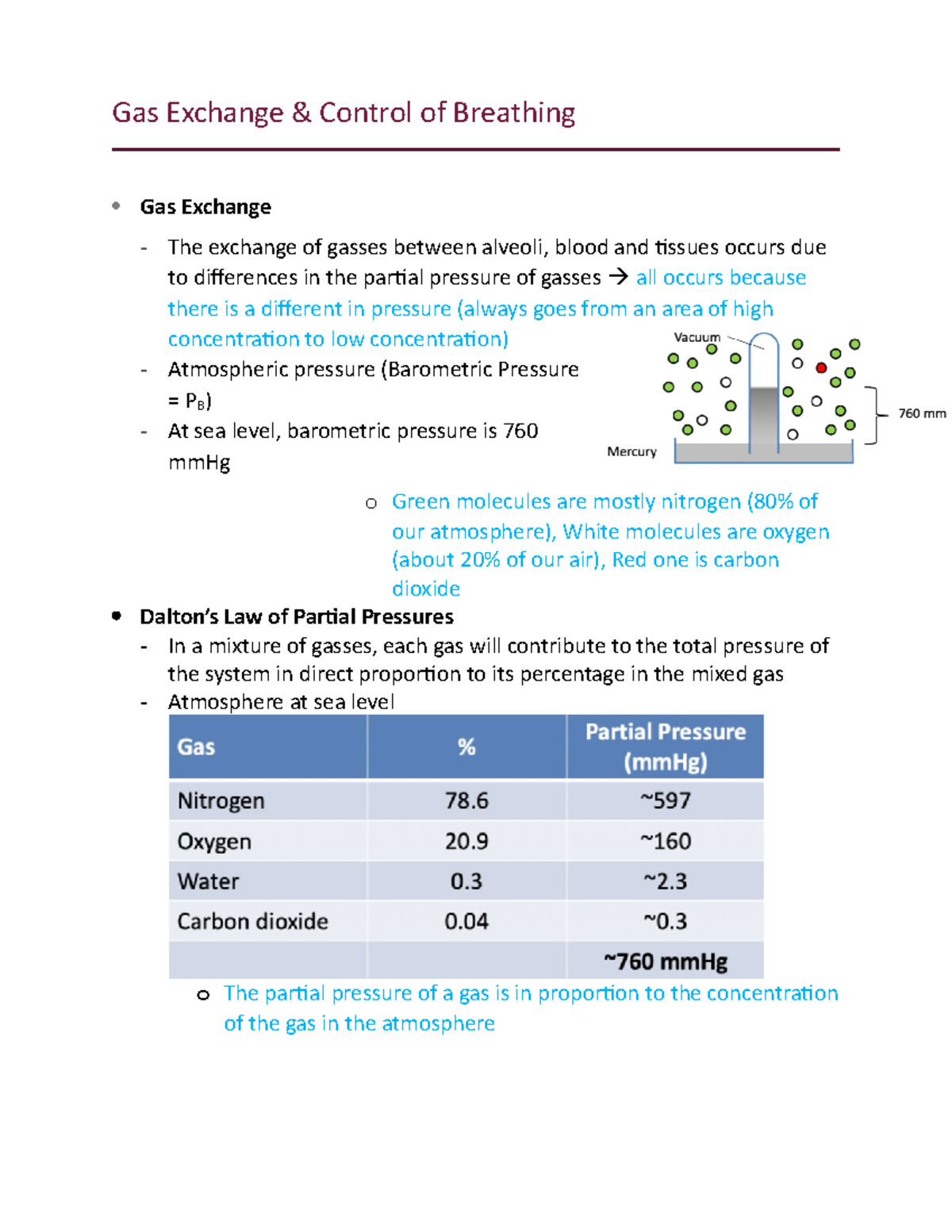 13. Gas Exchange - Lecture notes 13 - Gas Exchange Control of Breathing ...
