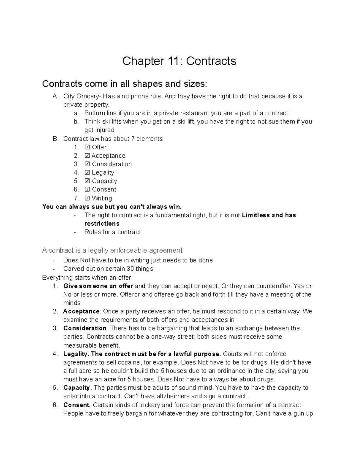 Business Law Chapter 11 Notes Class - Chapter 11: Contracts Contracts ...