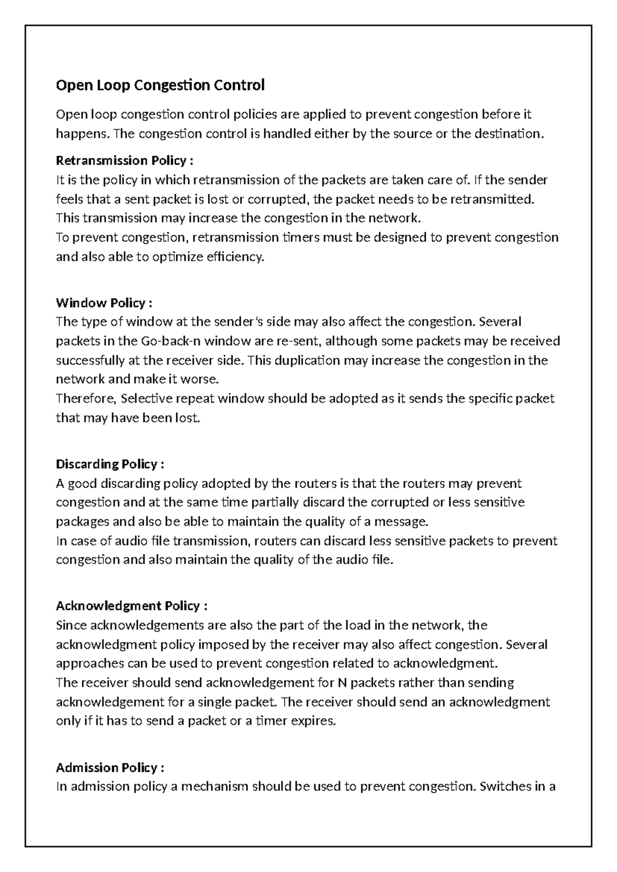 Open Loop Congestion Control The Congestion Control Is Handled Either By The Source Or The