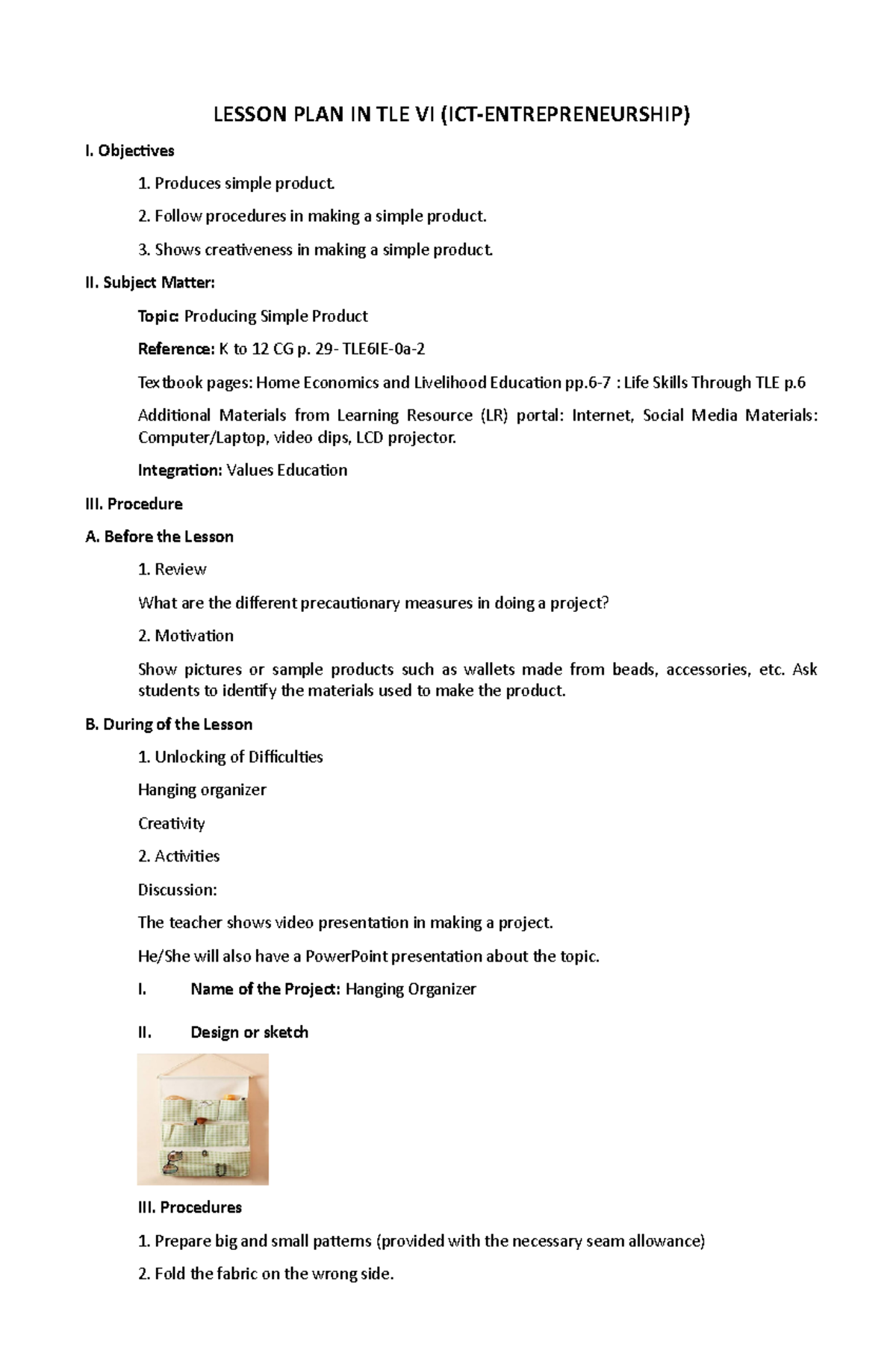 Lesson PLAN IN TLE VI - LESSON PLAN IN TLE VI (ICT-ENTREPRENEURSHIP) I ...