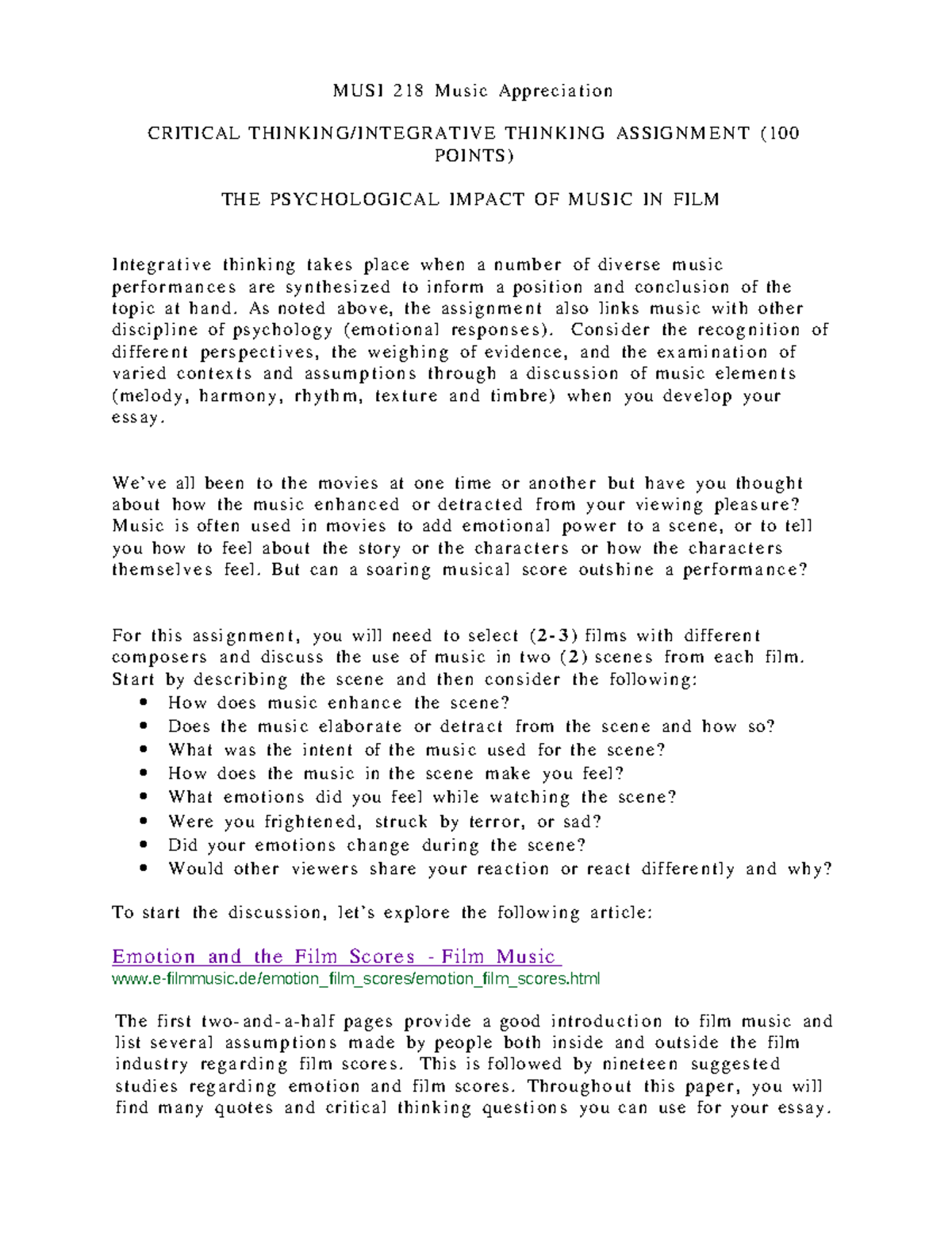 MUSI 218 Critical and Integrative Thinking Assignment final version ...