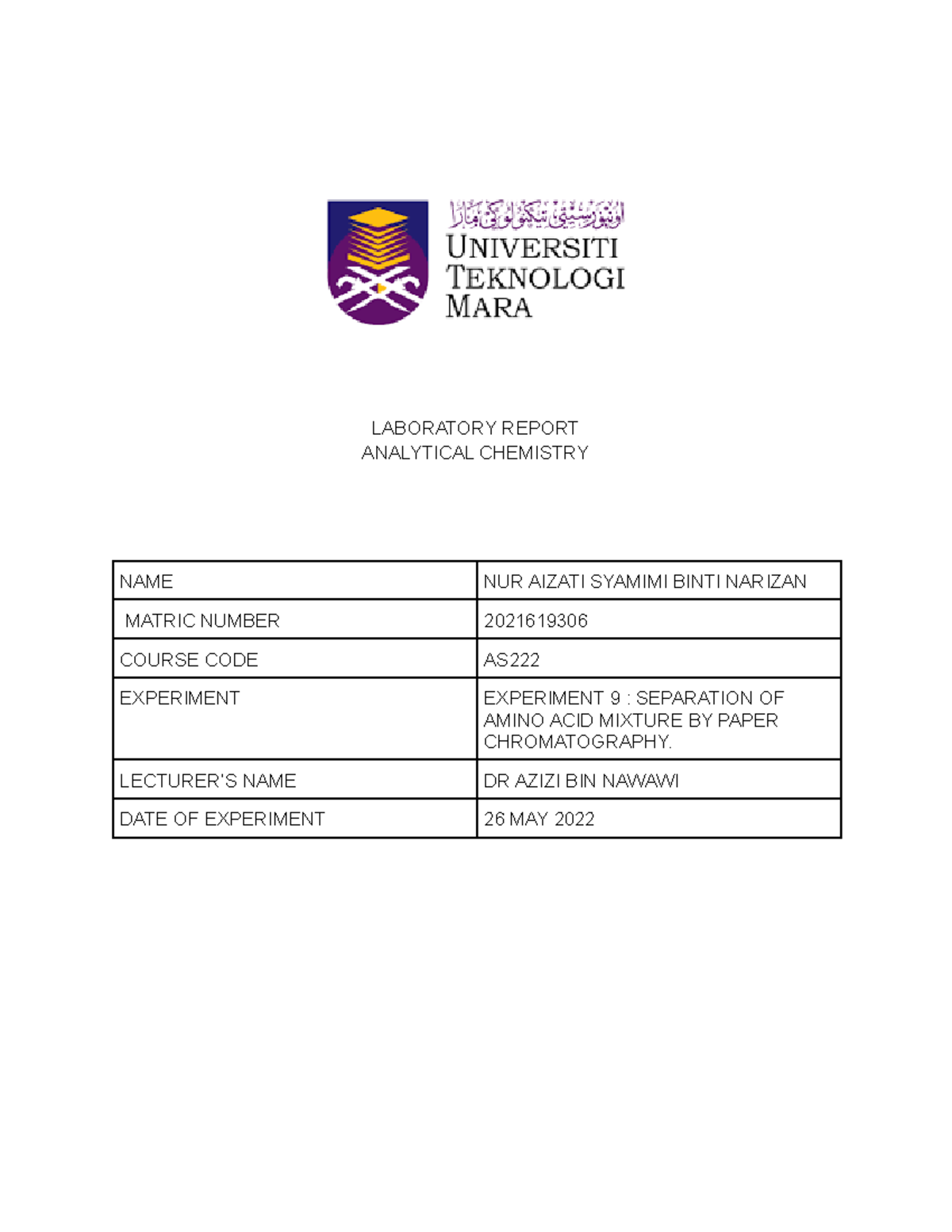 Nur Aizati Syamimi 2021619306 AS222 2M2 Report 3 - LABORATORY REPORT ...
