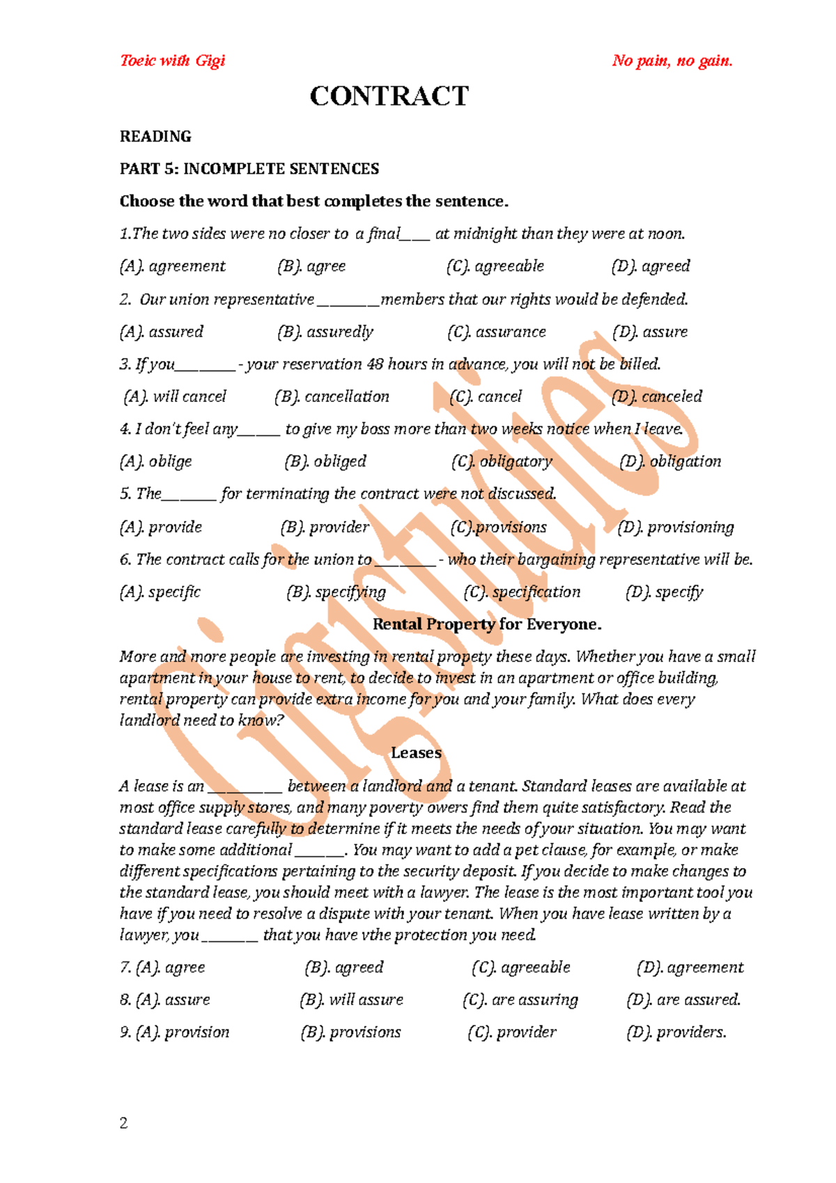 Contract 2 - interesting - Toeic with Gigi No pain, no gain. CONTRACT ...