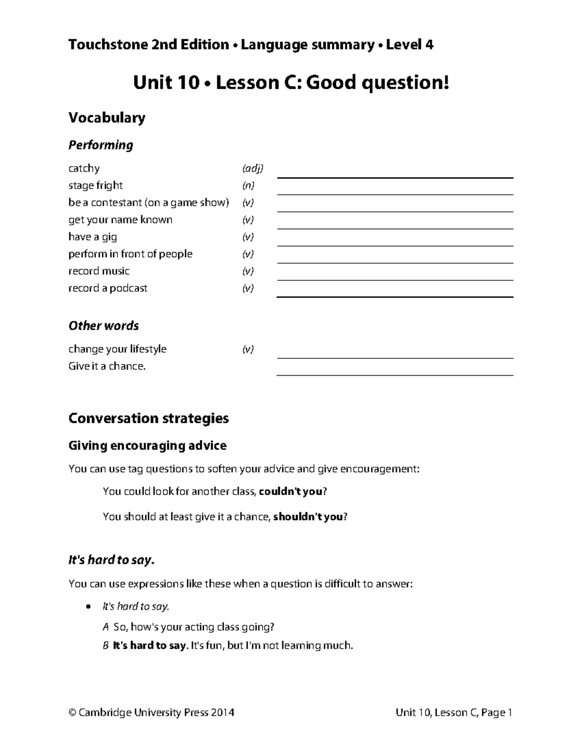 TS2e L4 U10 LC Langsum - APINTE - Touchstone 2nd Edition • Language summary • Level 4 Unit 10 ...