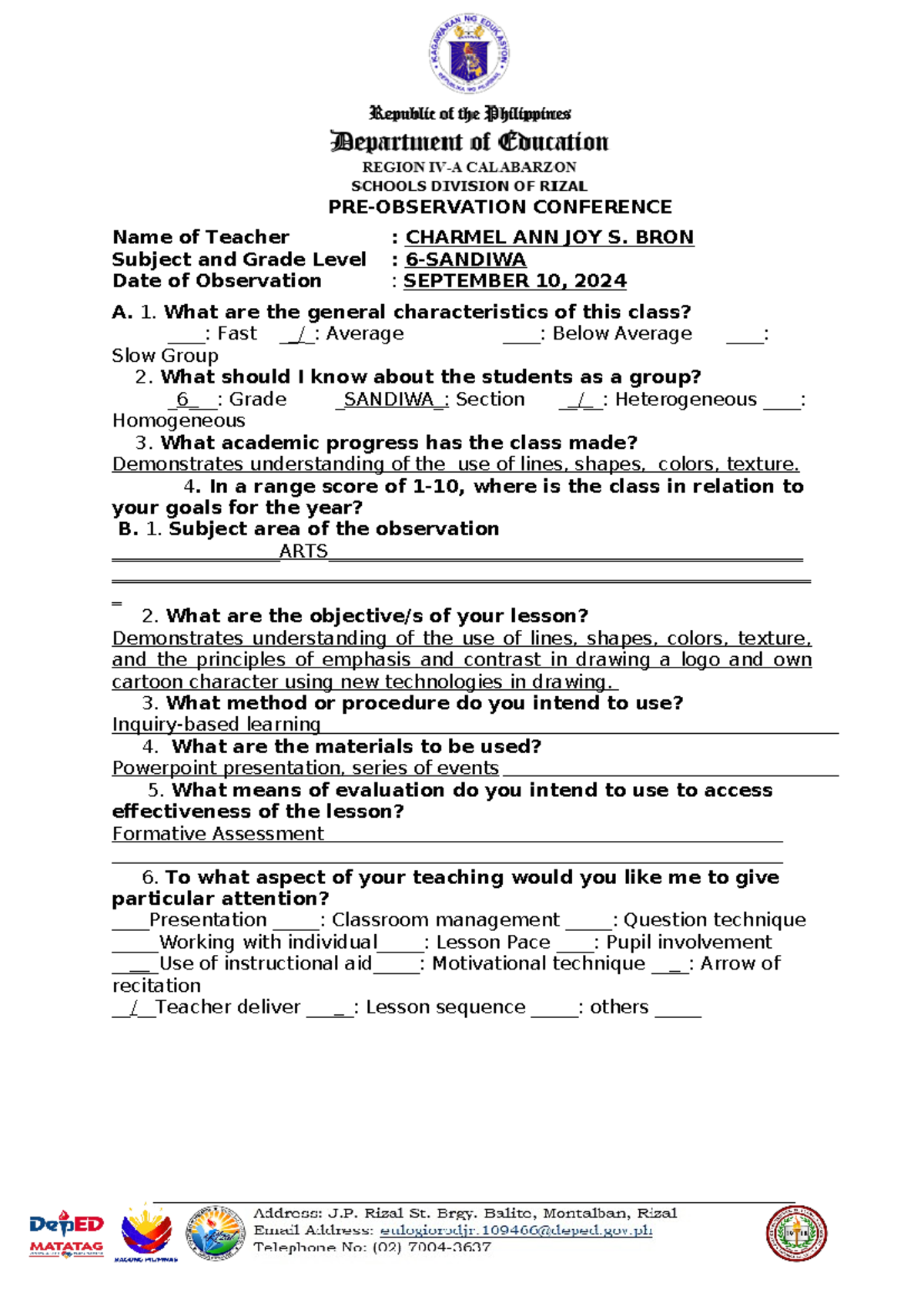 PRE POST observation Form - MONTALBAN SUB-OFFICE PRE-OBSERVATION ...