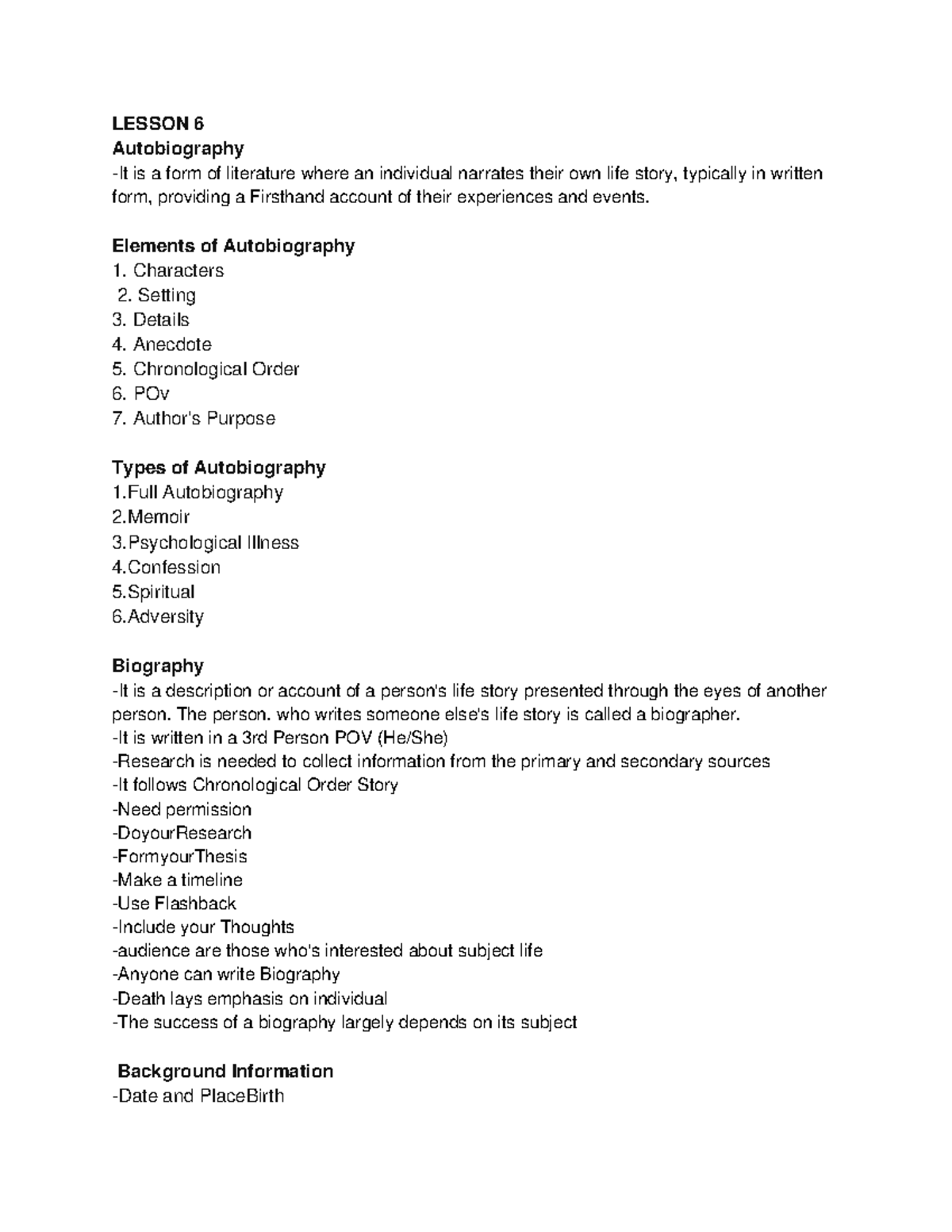 L6-10 CNF - LESSON 6 Autobiography It is a form of literature where an ...