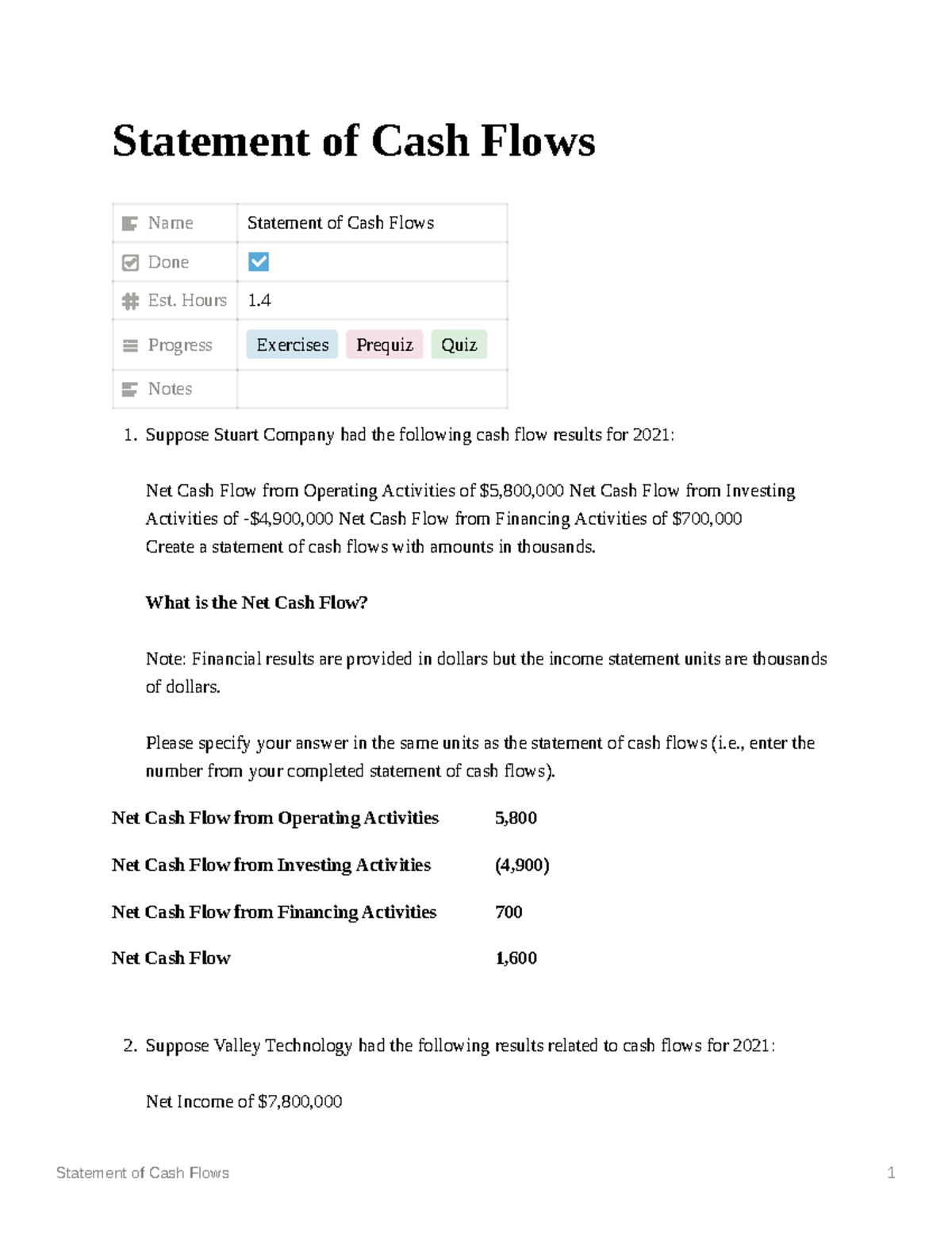 Statement of Cash Flows - Hours 1. Progress Exercises Prequiz Quiz ...