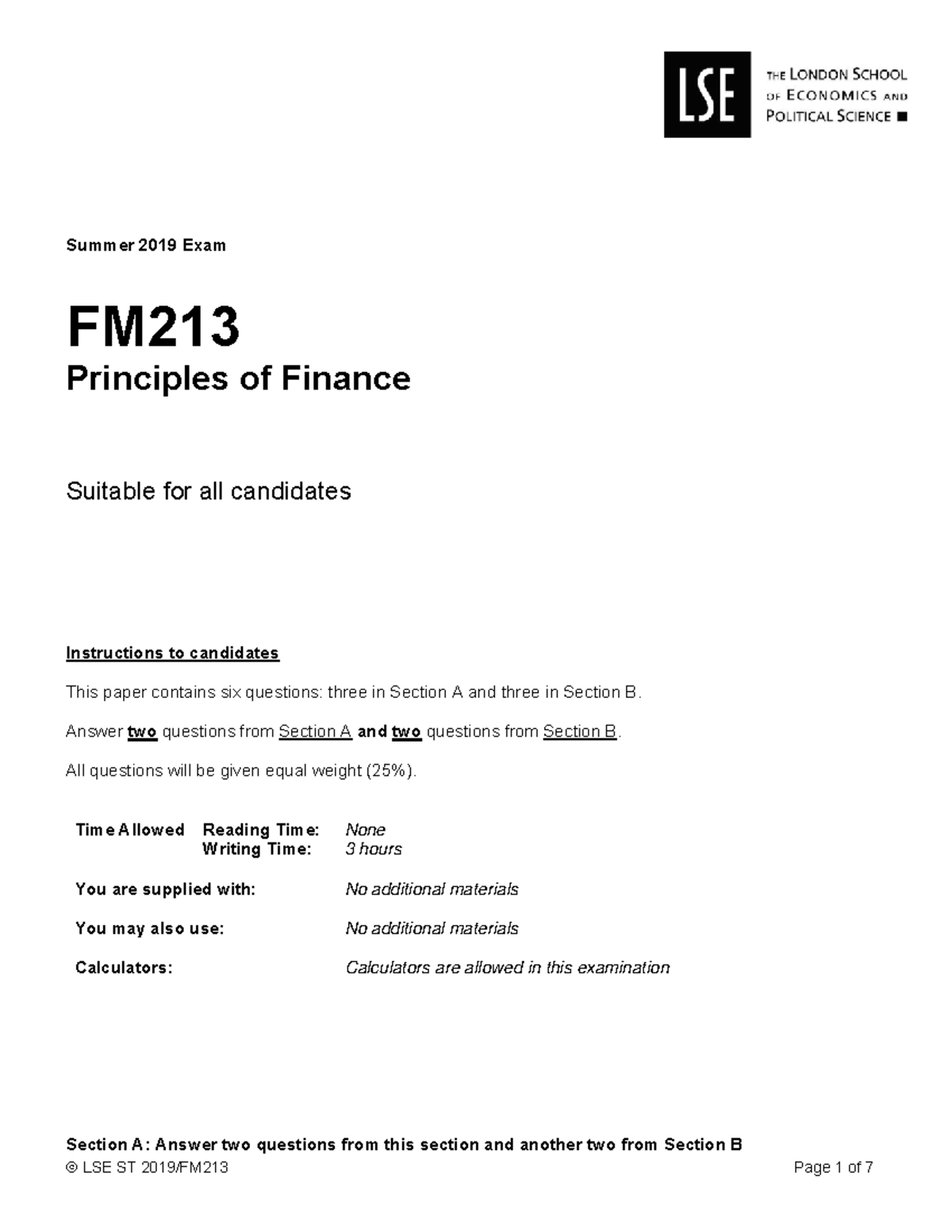 FM213 2019 - past paper - Summer 2019 Exam FM Principles of Finance ...