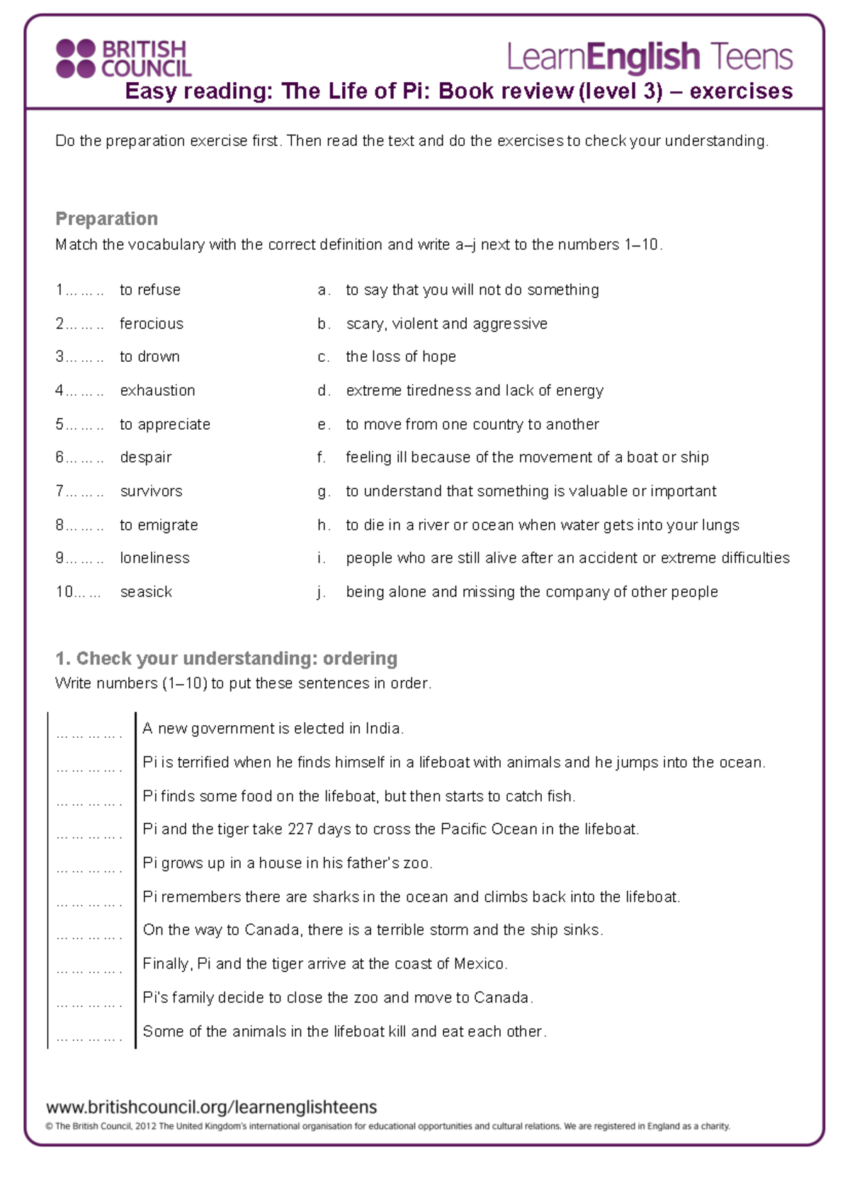 The life of pi level 3-exercises 5 - Do the preparation exercise first ...
